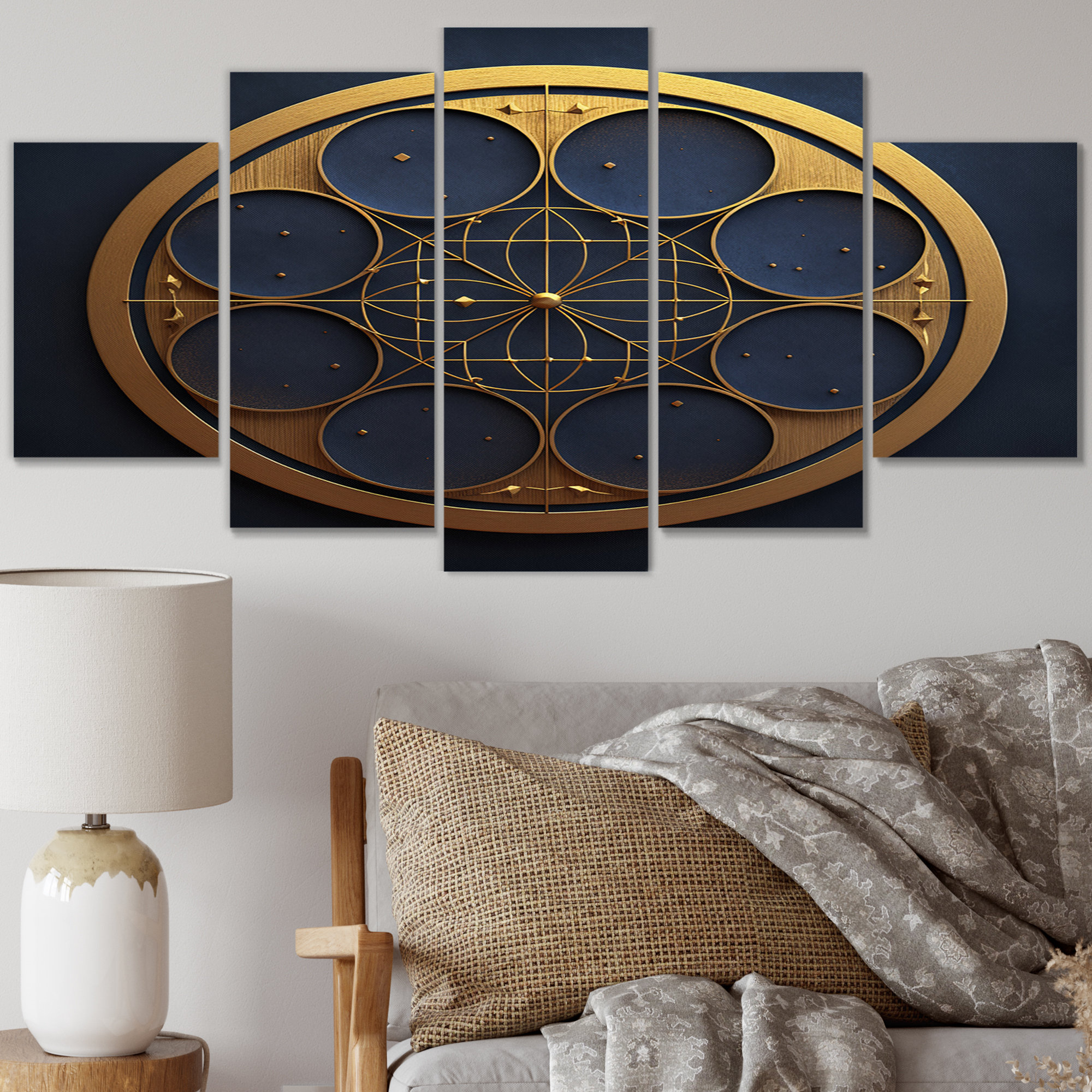 Design Art Sacred Geometry In Blue And Gold I - Modern Geometric Canvas ...