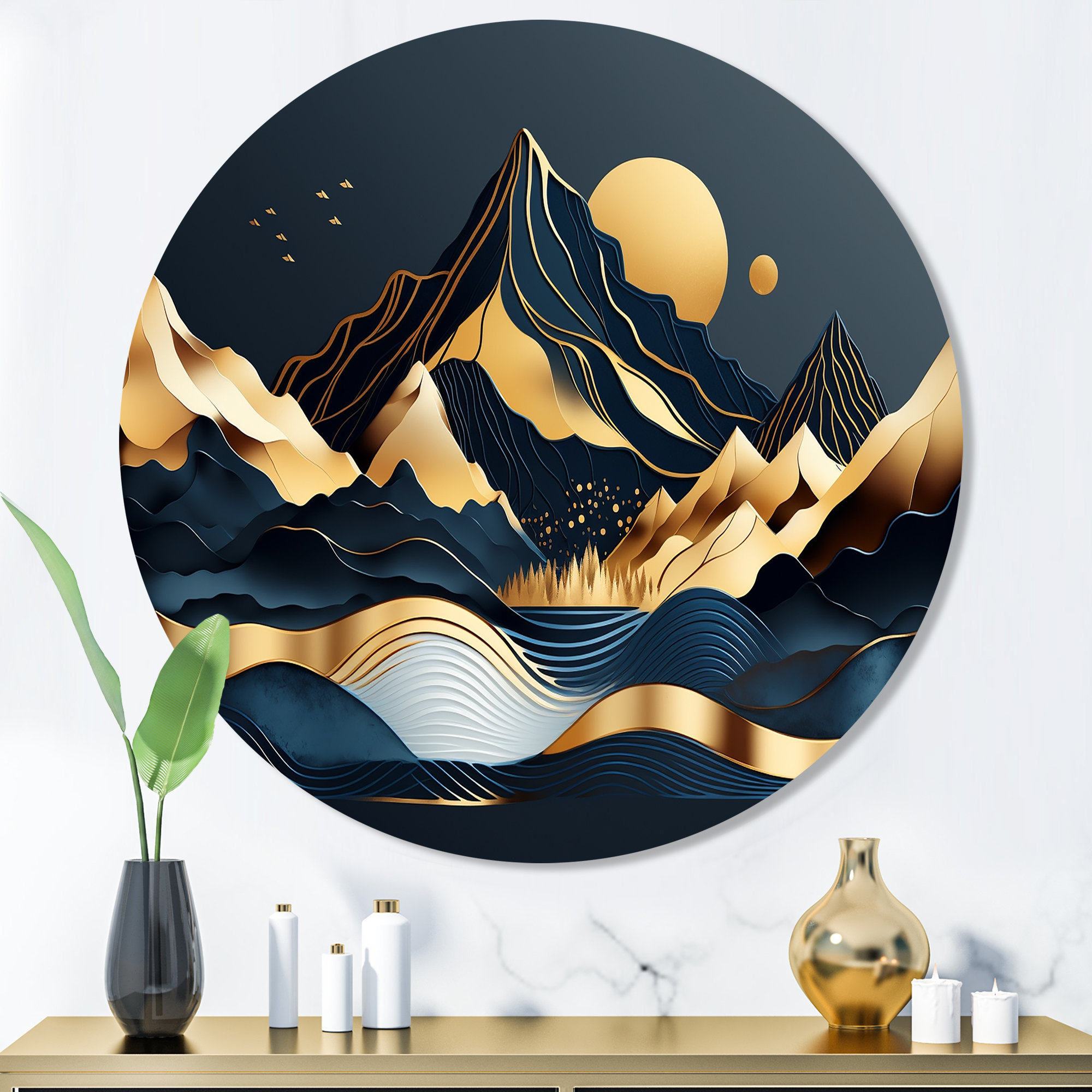 Mercer41 Bron Gold Minimalist Mountains III - Minimalism Round Metal ...