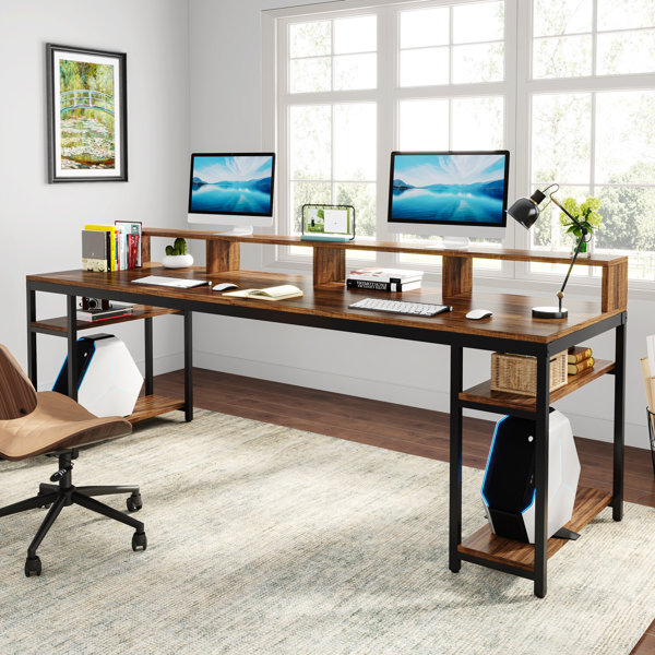 Inbox Zero 78.74" W Double Computer Desk With Monitor Stand, Two Person ...