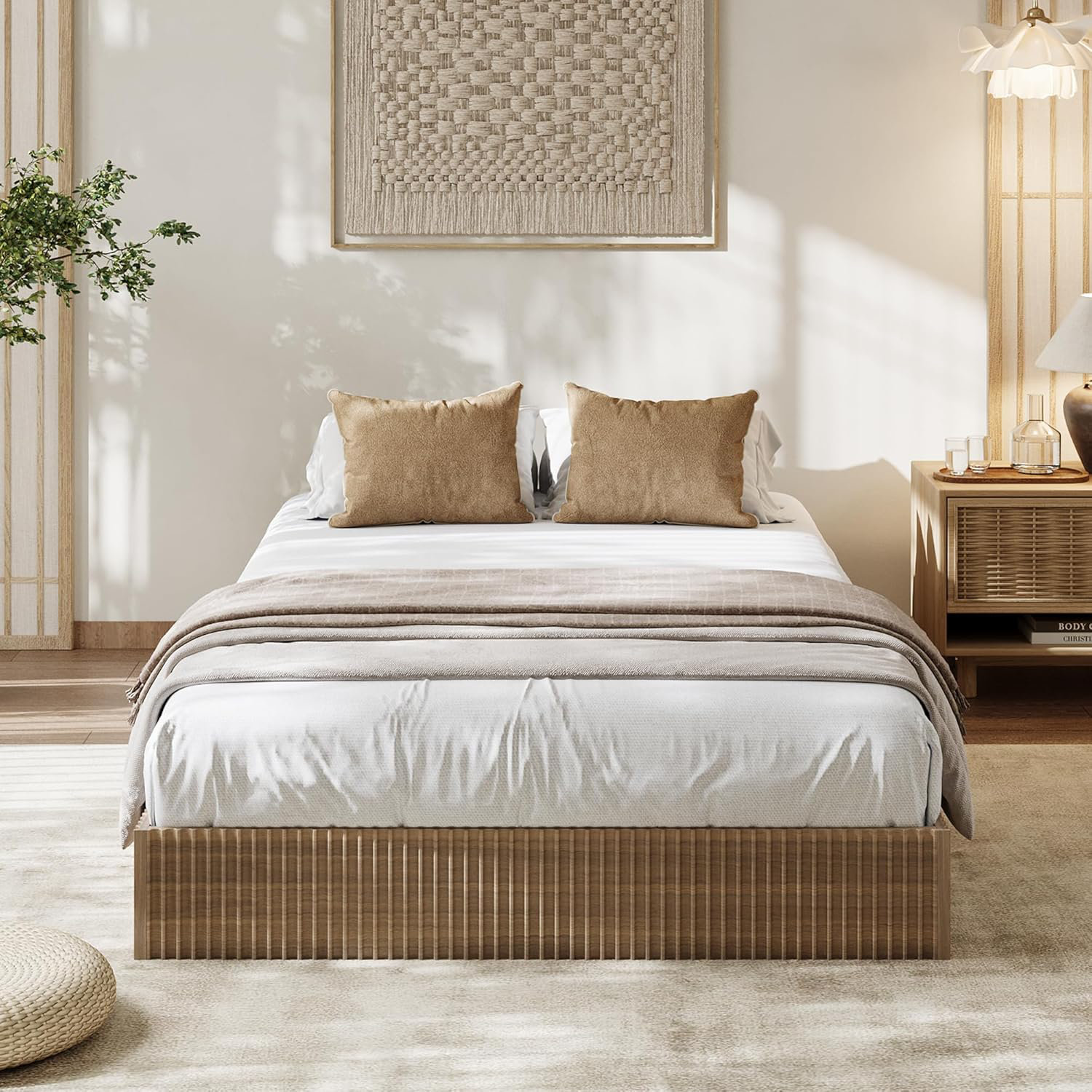 Ebern Designs Wood Bed Frame, Wooden Platform Bed with Fluted Design ...