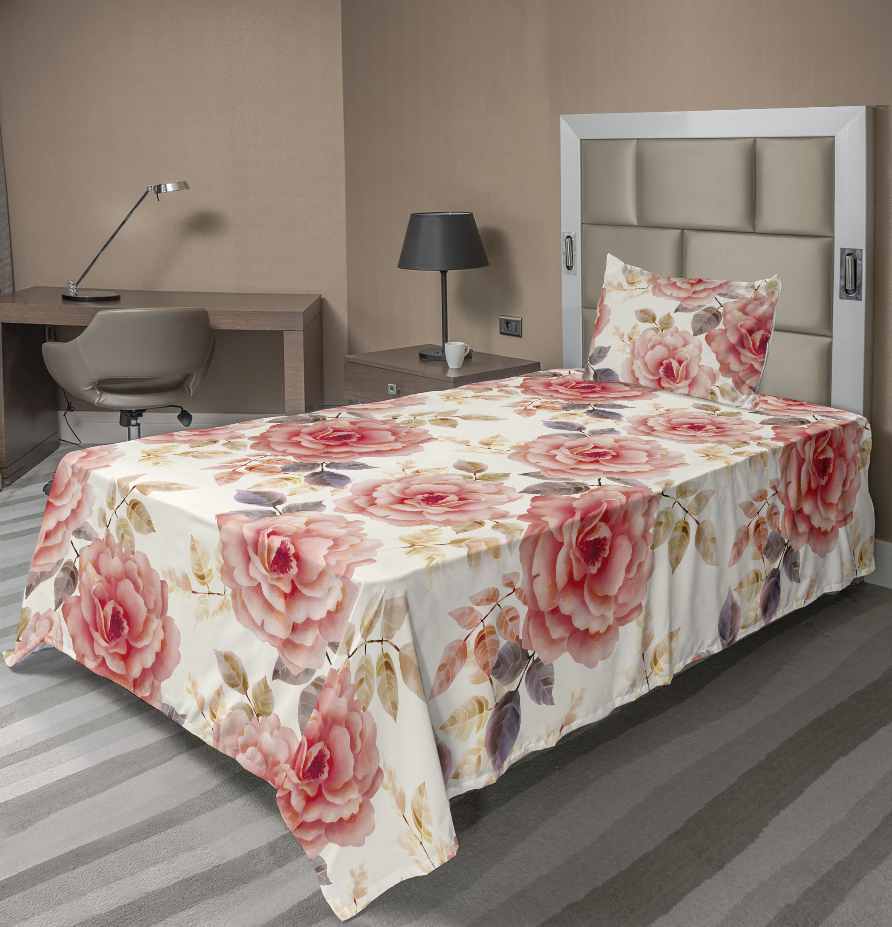 Ambesonne Rosetta Sheet Set Vintage Rose Floral Boho Coral Cream and ...