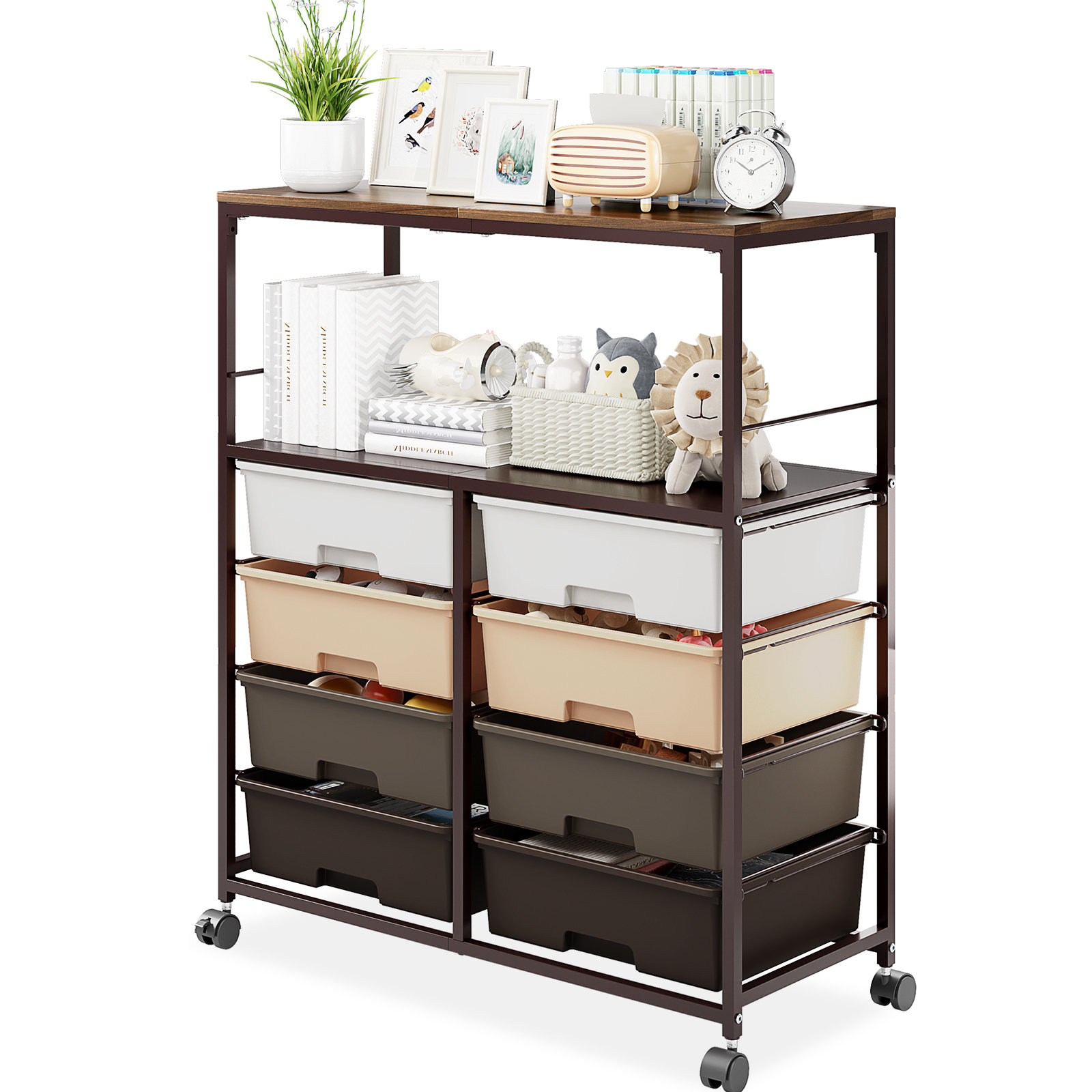 Latitude Run® 8 Drawers Rolling Storage Cart with Wooden Top,Plastic ...