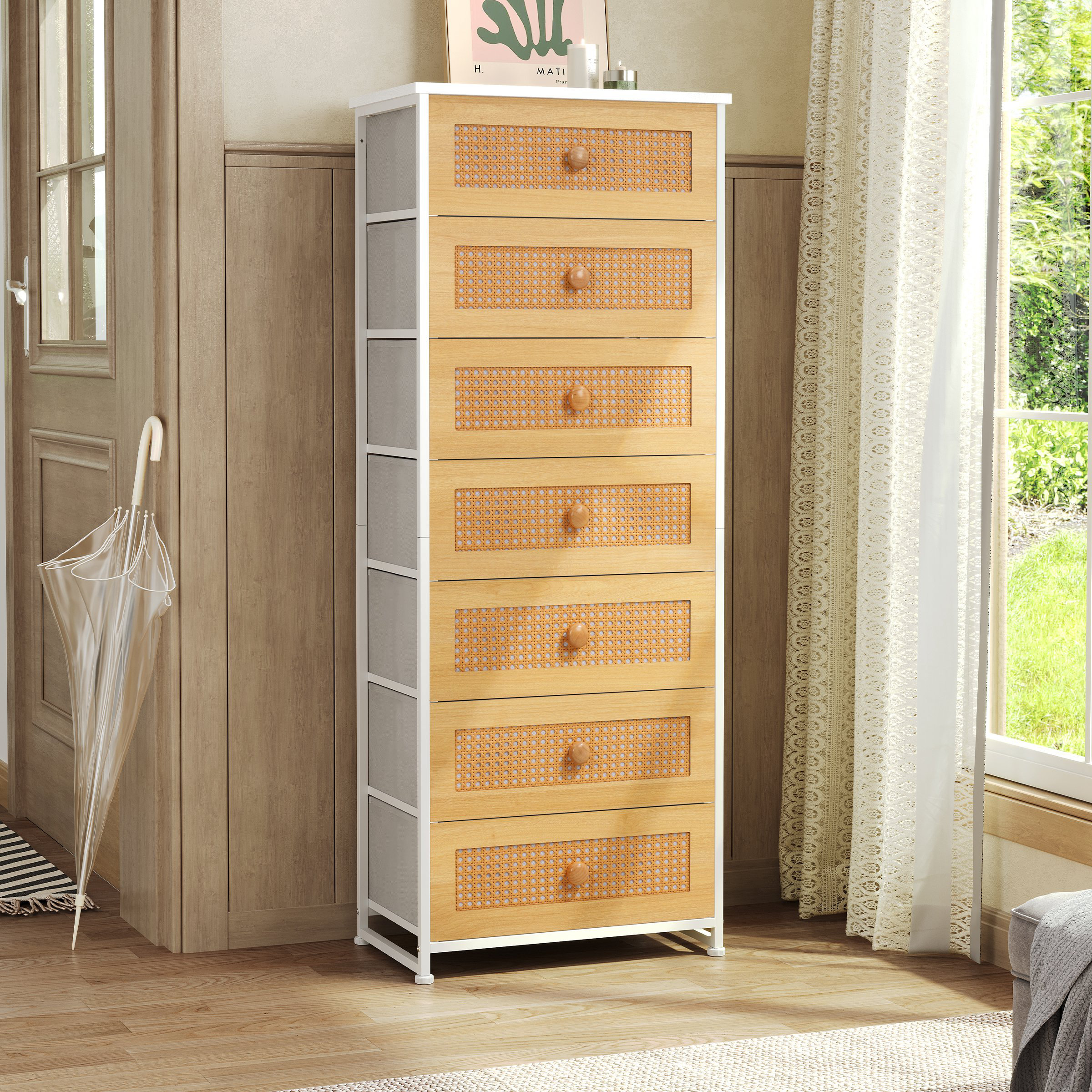 Ebern Designs 7 - Drawer Rattan Dresser Fabric Drawer Dresser ...