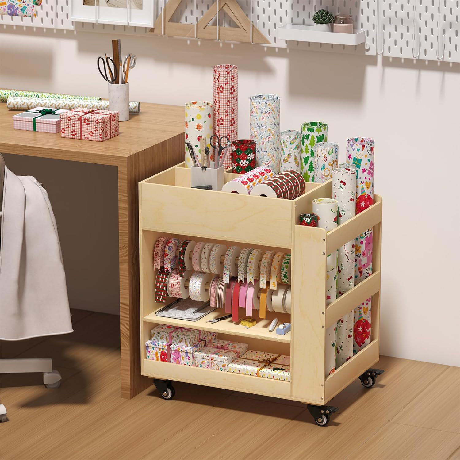 XIANGXIELISHE Wrapping Paper Storage Cart, Wooden Craft Cart With ...