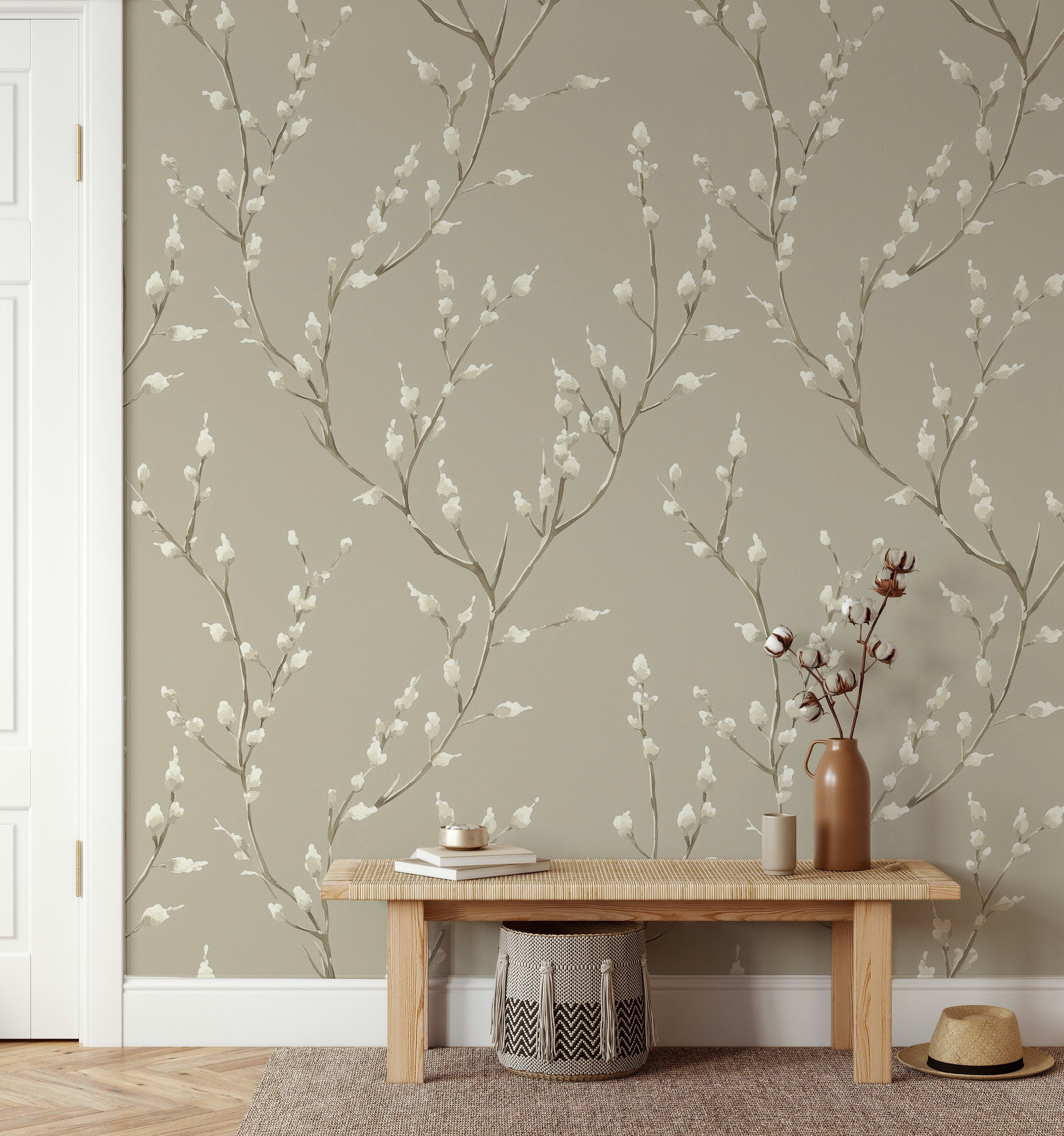Charlton Home® Minimalist Willow Branch Wallpaper Soft Beige Background ...