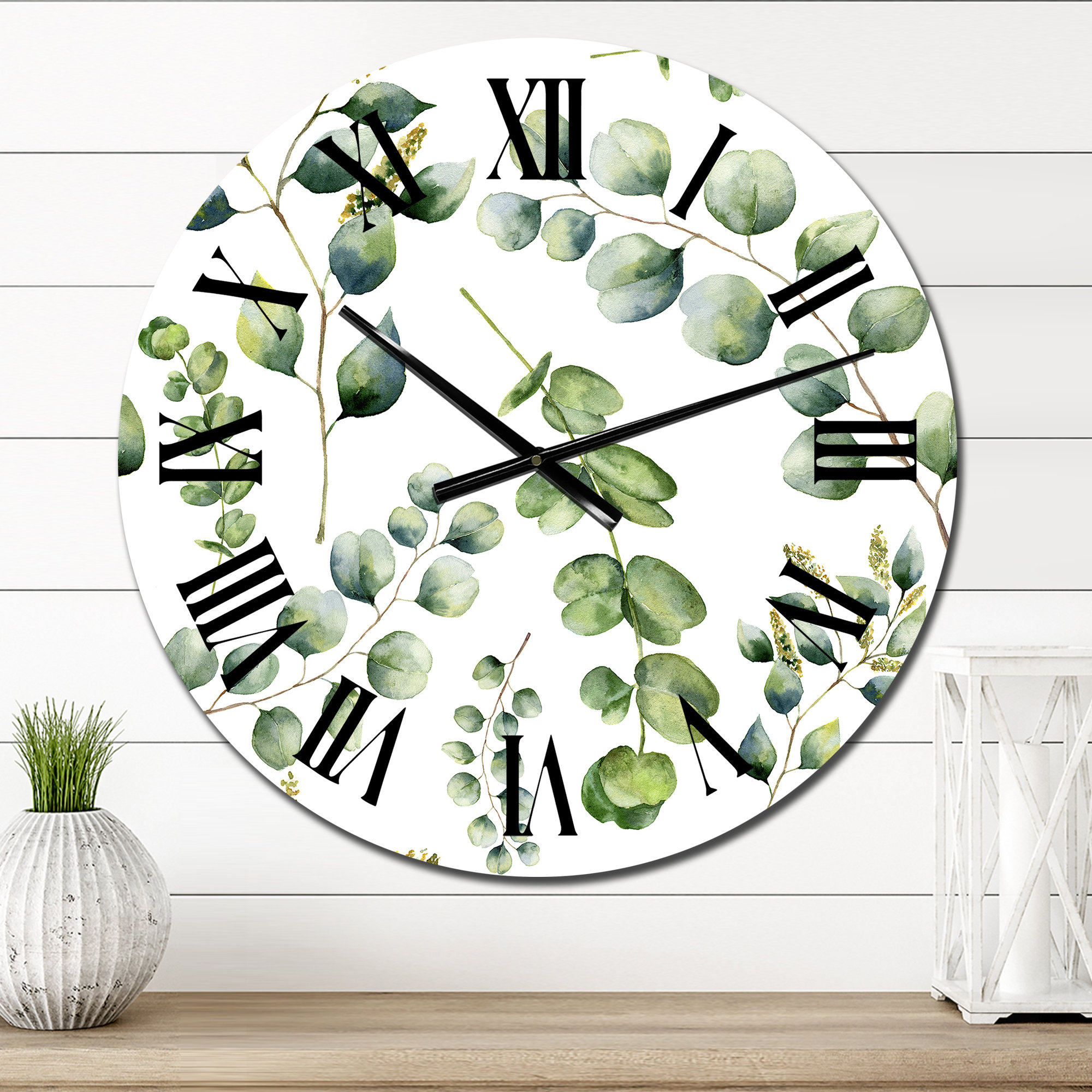 East Urban Home Eucalyptus Branches on White Iii - Patterned Wall Clock ...