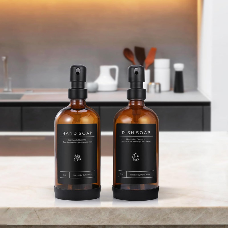 Latitude Run® Kitchen Soap Dispenser Set,Amber Bottle + Black Pump ...