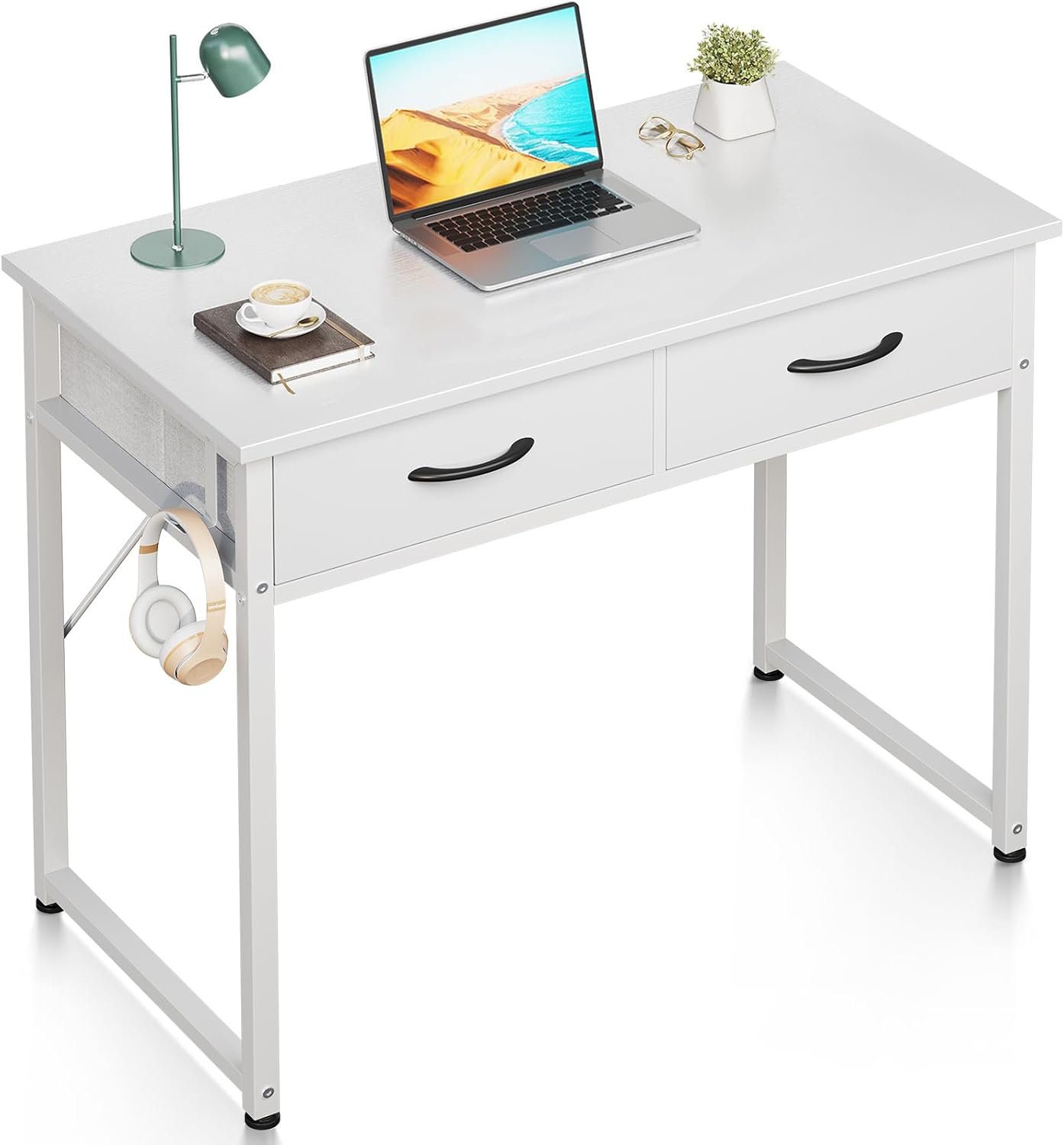 Ebern Designs Loga Small Desk With Fabric Drawers- For Bedroom, White ...
