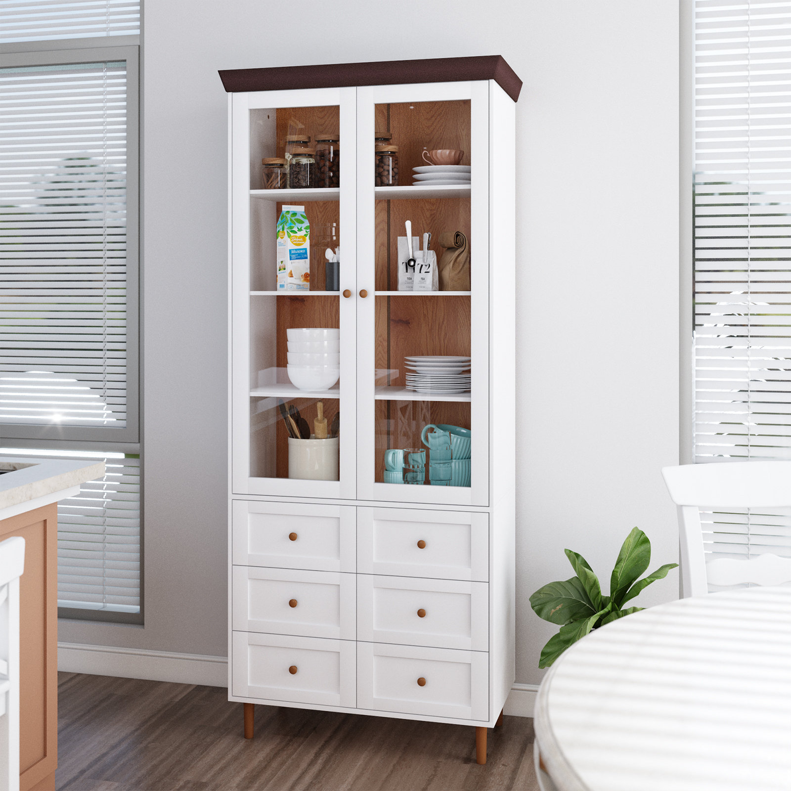 Winston Porter Glass Door China Cabinet with 6 Drawer Storage | Wayfair