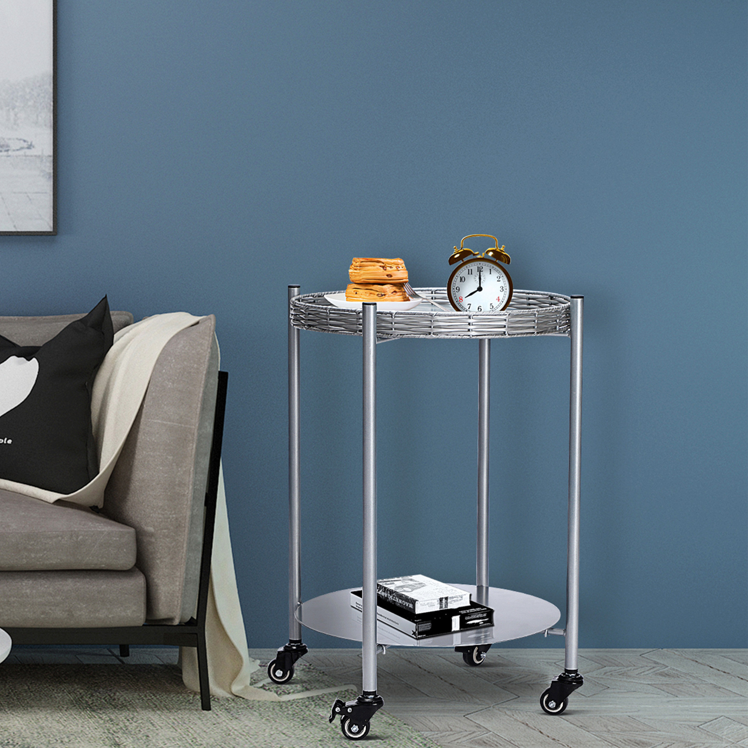 Ebern Designs Round Coffee Table With Wheels 2-Tier Movable Side Tables ...