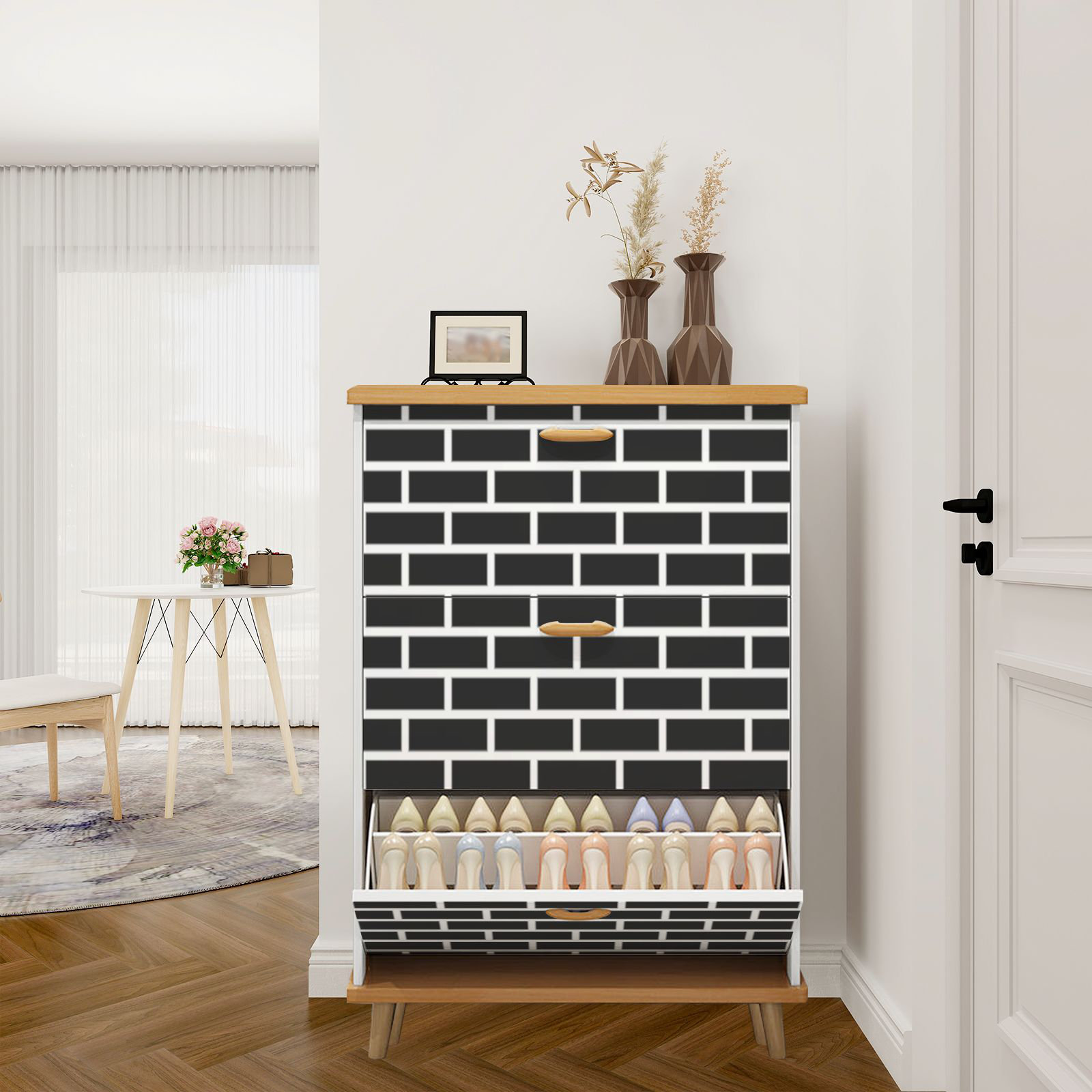 East Urban Home Shoe Storage Cabinet with 3 Flip Drawers for Grey brick ...