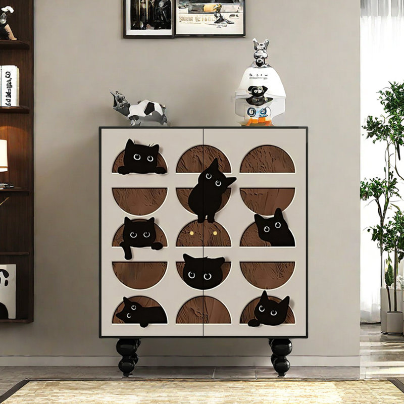 DICIXA Cute Black Cat Entryway Shoe Cabinet 17 Pair Solid Wood Shoe ...