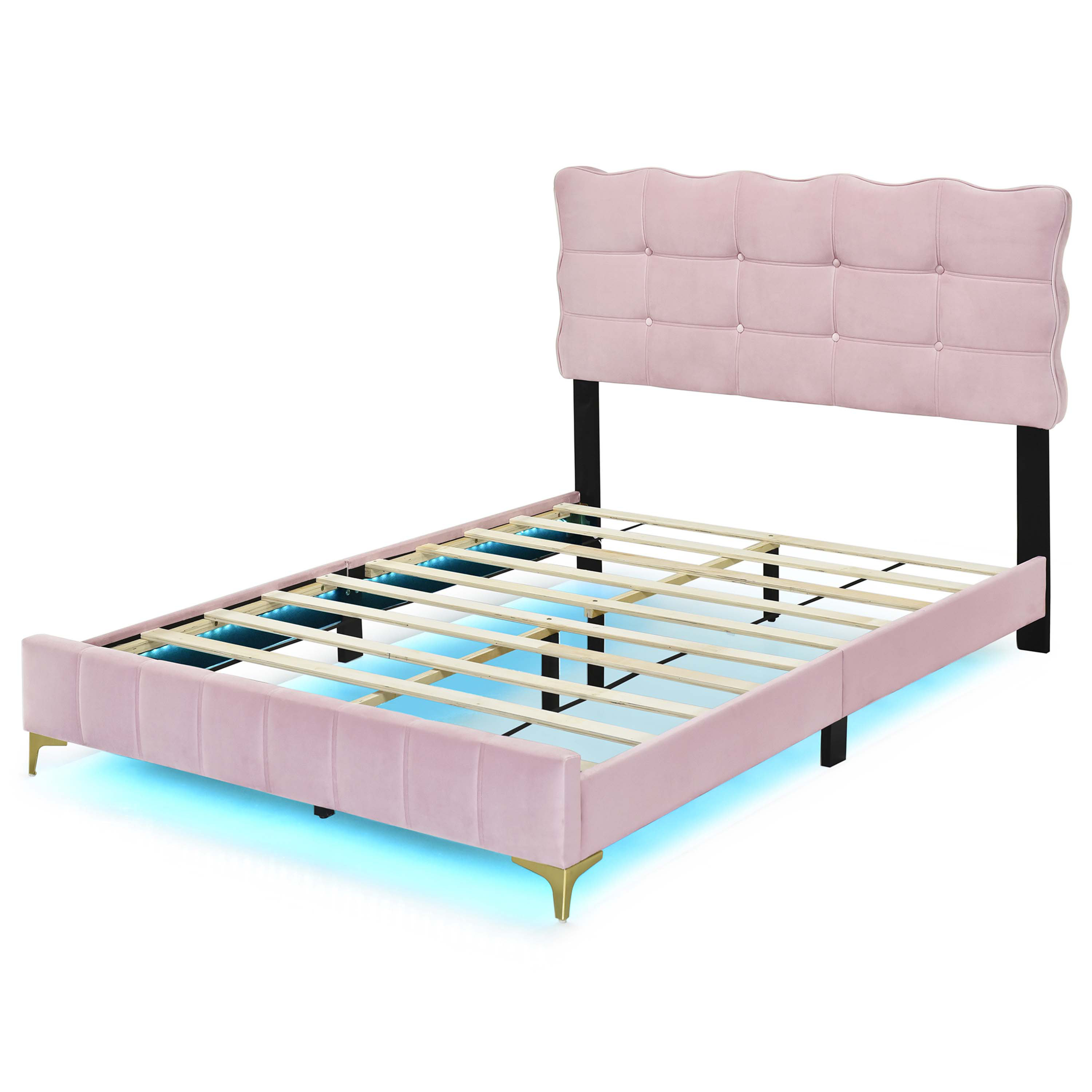 Mercer41 Full Size Velvet Platform Bed with LED Frame and Stylish ...