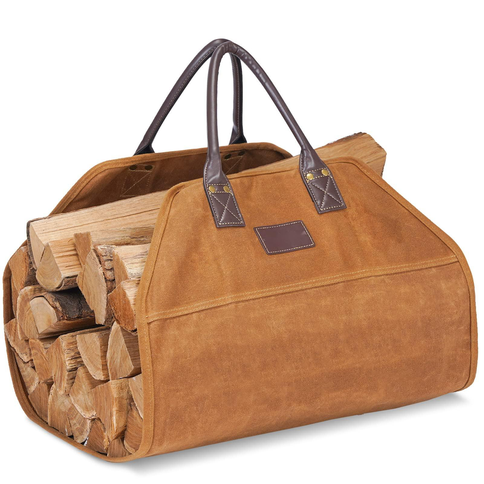 17 Stories Firewood Carrier Waxed Canvas With Leather Handles, Wood ...