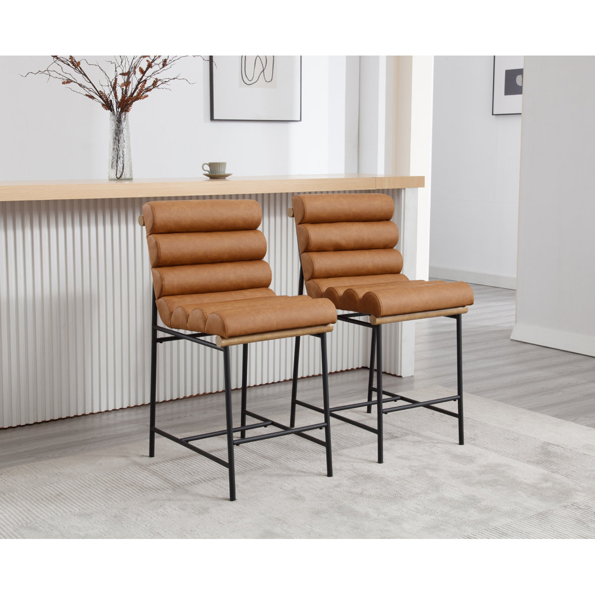 17 Stories Mutsuo Upholstered Faux Leather Counter Stool with Metal ...