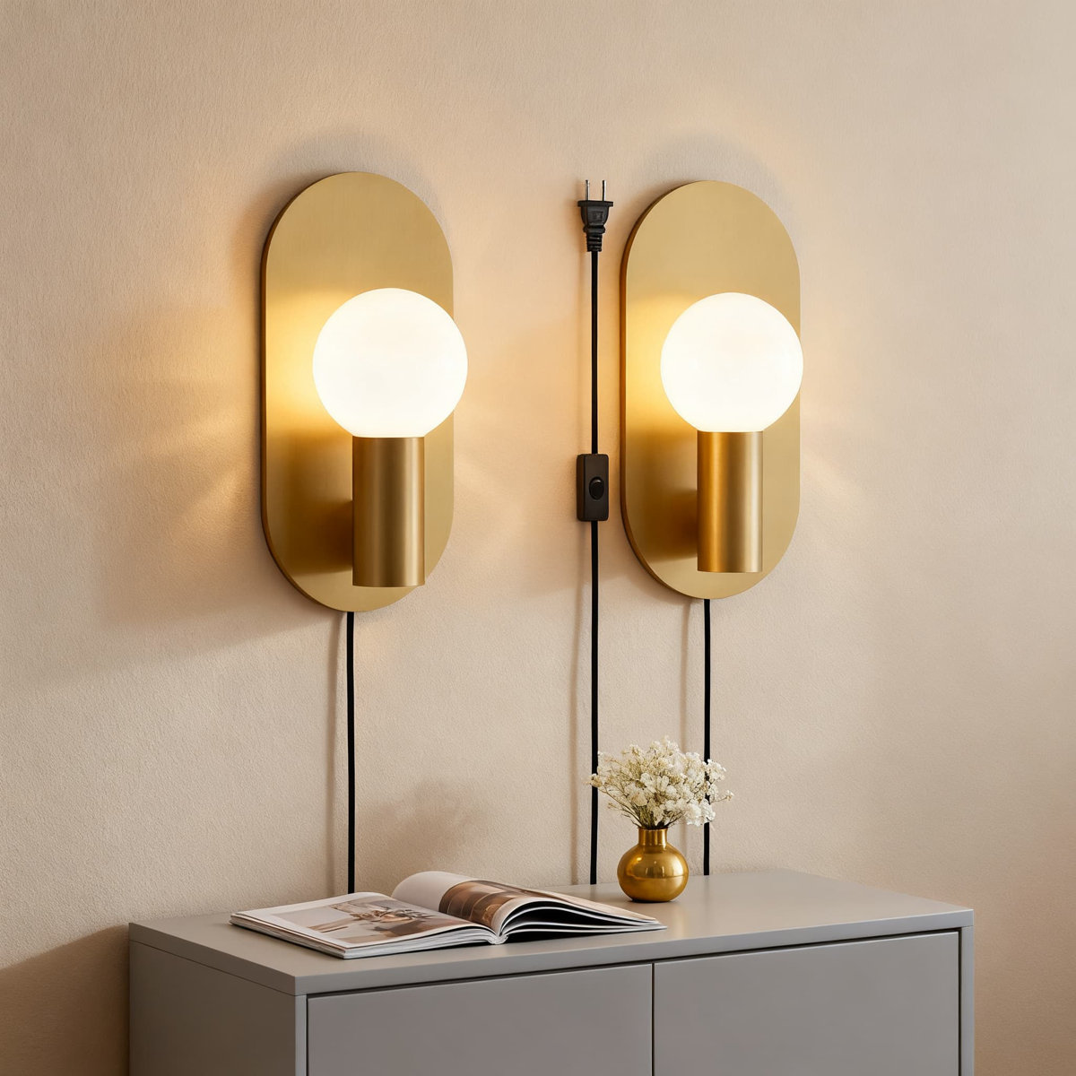 Orren Ellis Plug-In Wall Sconce (2-Pack), Modern Brushed Stainless ...