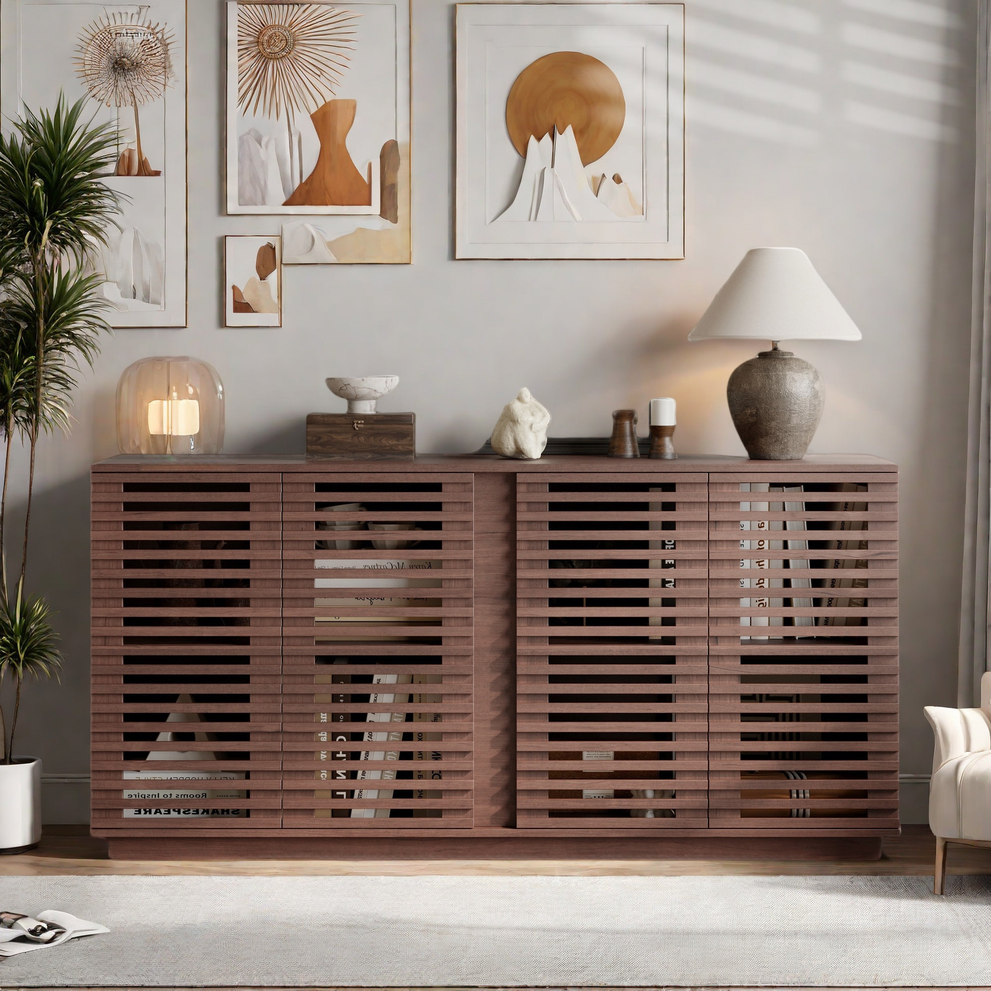 Ebern Designs Multi-functional 4 Doors Sideboard With Wood Slatted ...