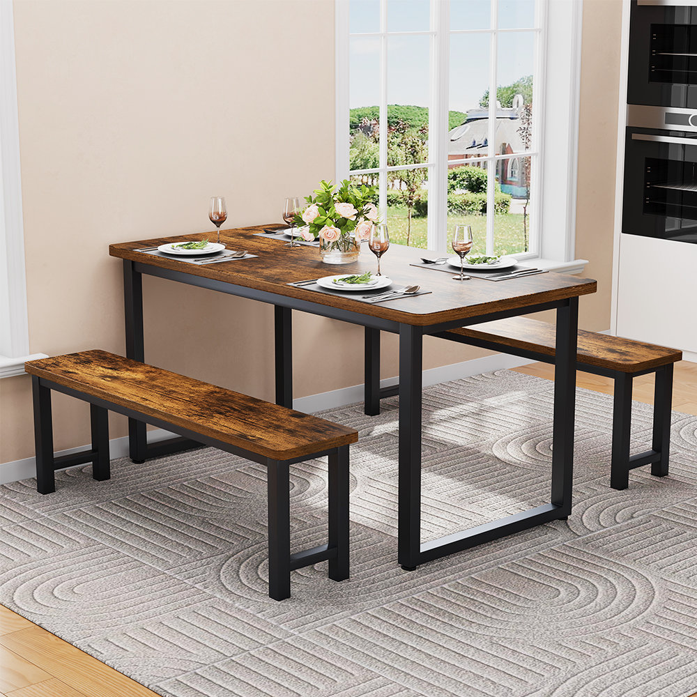 17 Stories Dining Room Table Set with 2 Benches, Farmhouse Dining Table ...