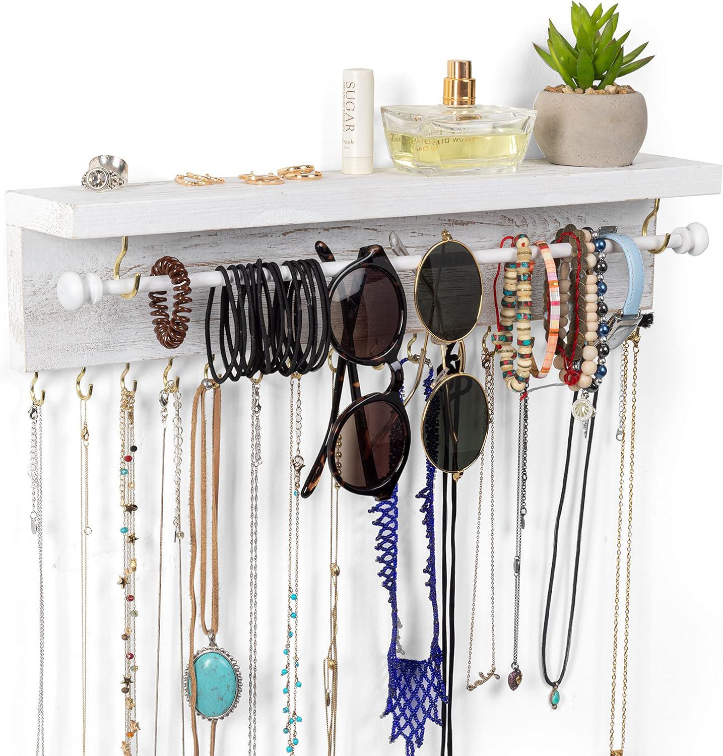 August Grove® Wall Mounted Jewellery Organizer Shelf, Rustic White Wood ...