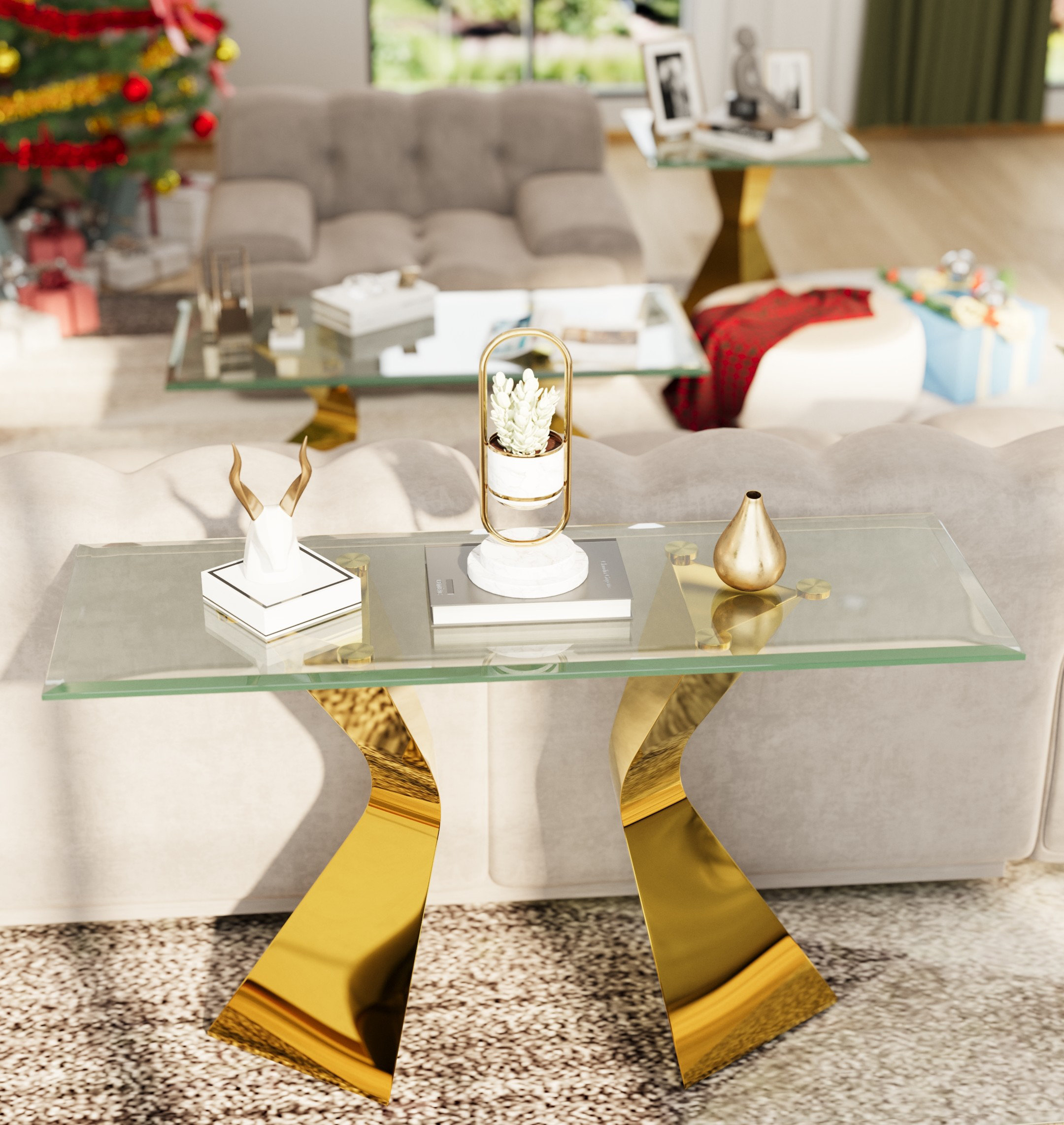 Mercer41 Brittiny Gold Console Table, Glass Entrance Table with Waved ...