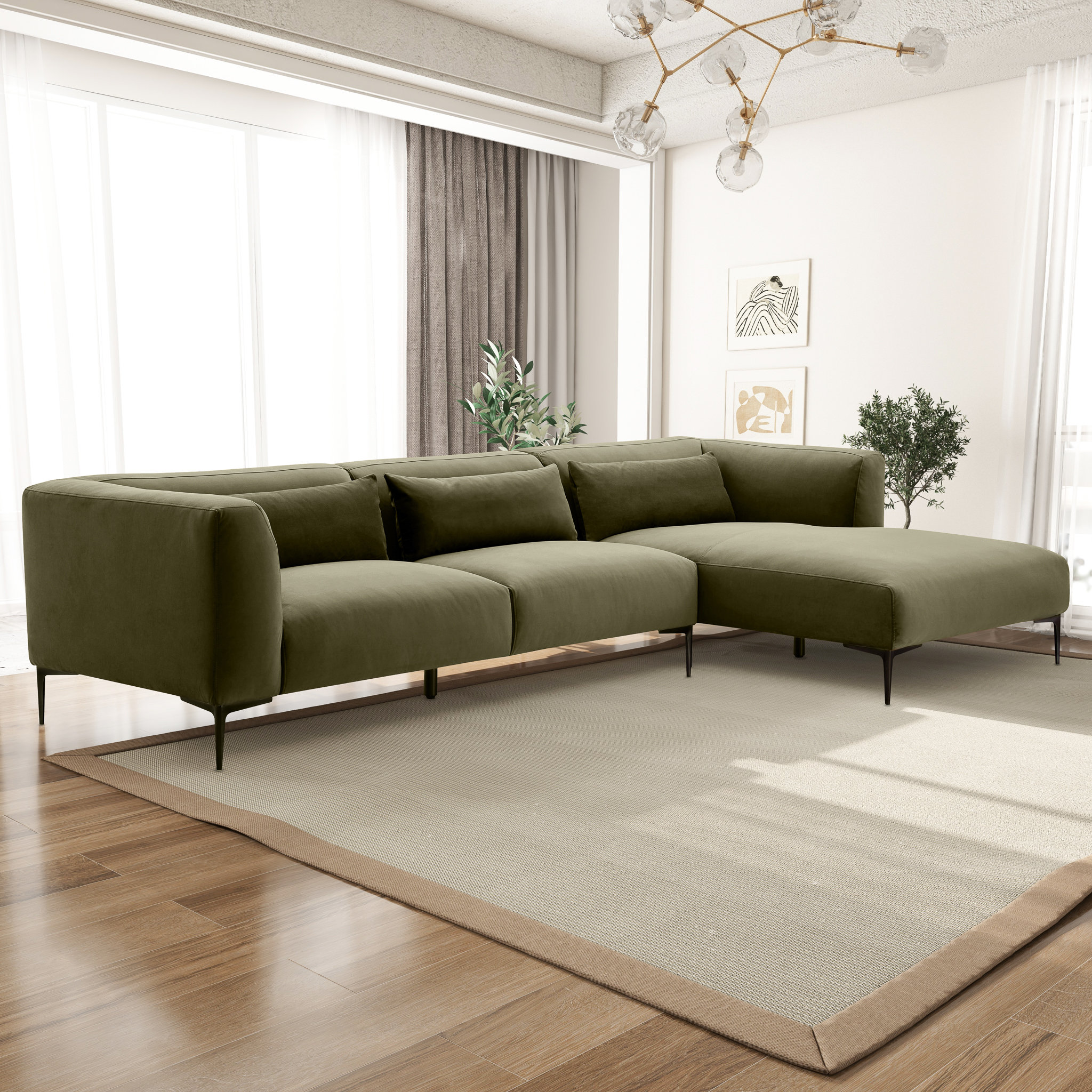 George Oliver Nashonda 122.8'' Wide Japandi Style L-Shaped Velvet Sofa ...