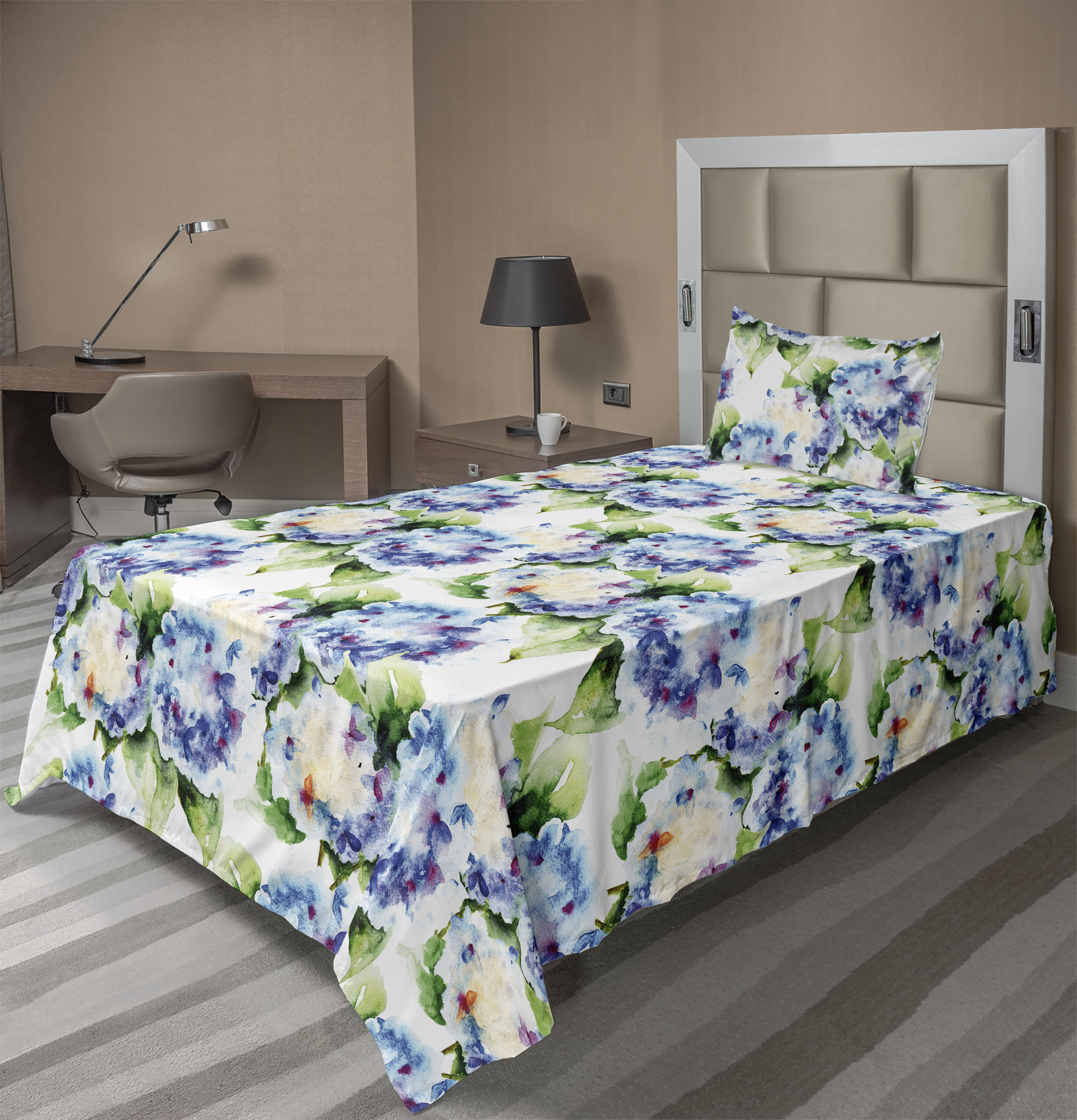 Ambesonne Springtime Sheet Set Soft Tones Hydrangea Art Green Blue and ...