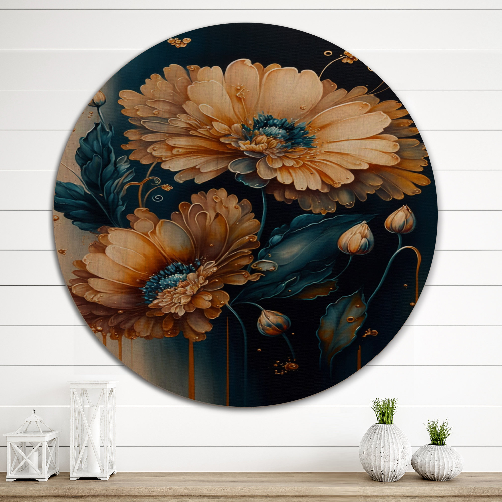 Wildon Home® Light Orange And Dark Blue Daisy II - Traditional Orange Wood Print | Wayfair