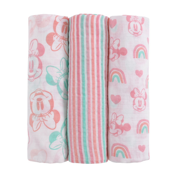 Disney NoJo Disney Minnie Mouse Pink, Aqua, and White 3 Piece Muslin ...