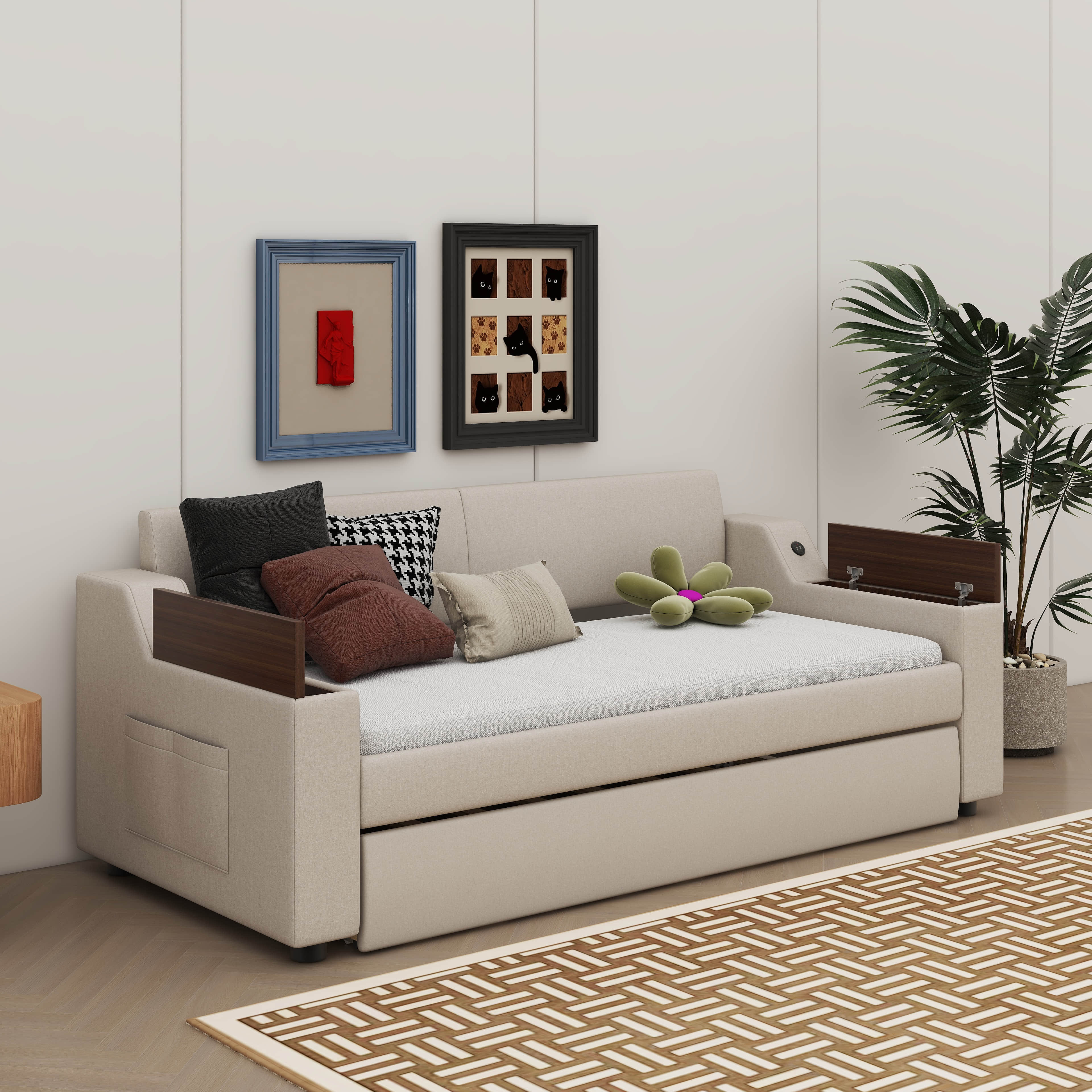 Latitude Run® Twin Size Plush Daybed With Storage Arms, Pull-Out ...