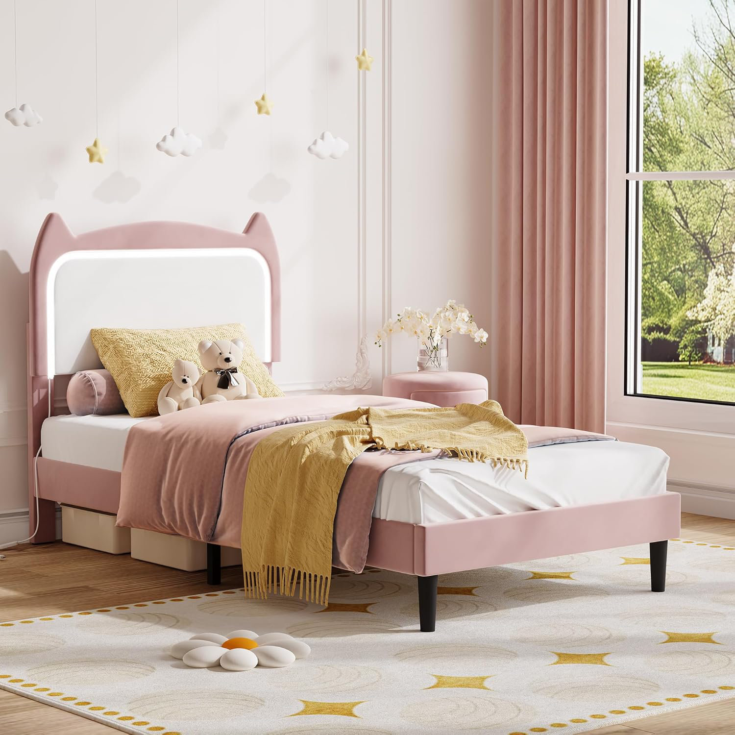 Ebern Designs Twin Princess Bed Frame for Girls with LED Lights & Heavy ...