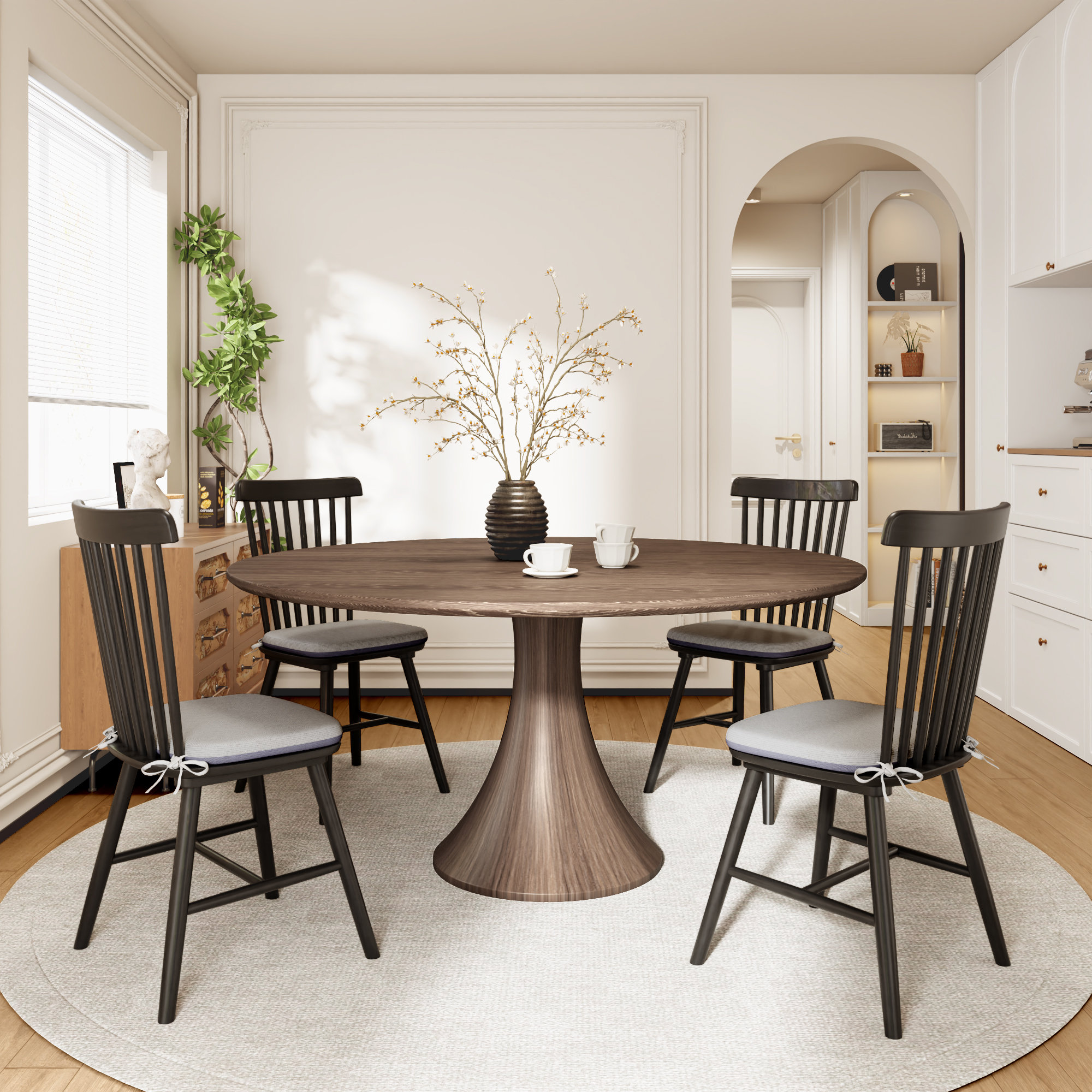 Orren Ellis Solid Wood Mid-Century Round Pedestal Kitchen Dining Table ...