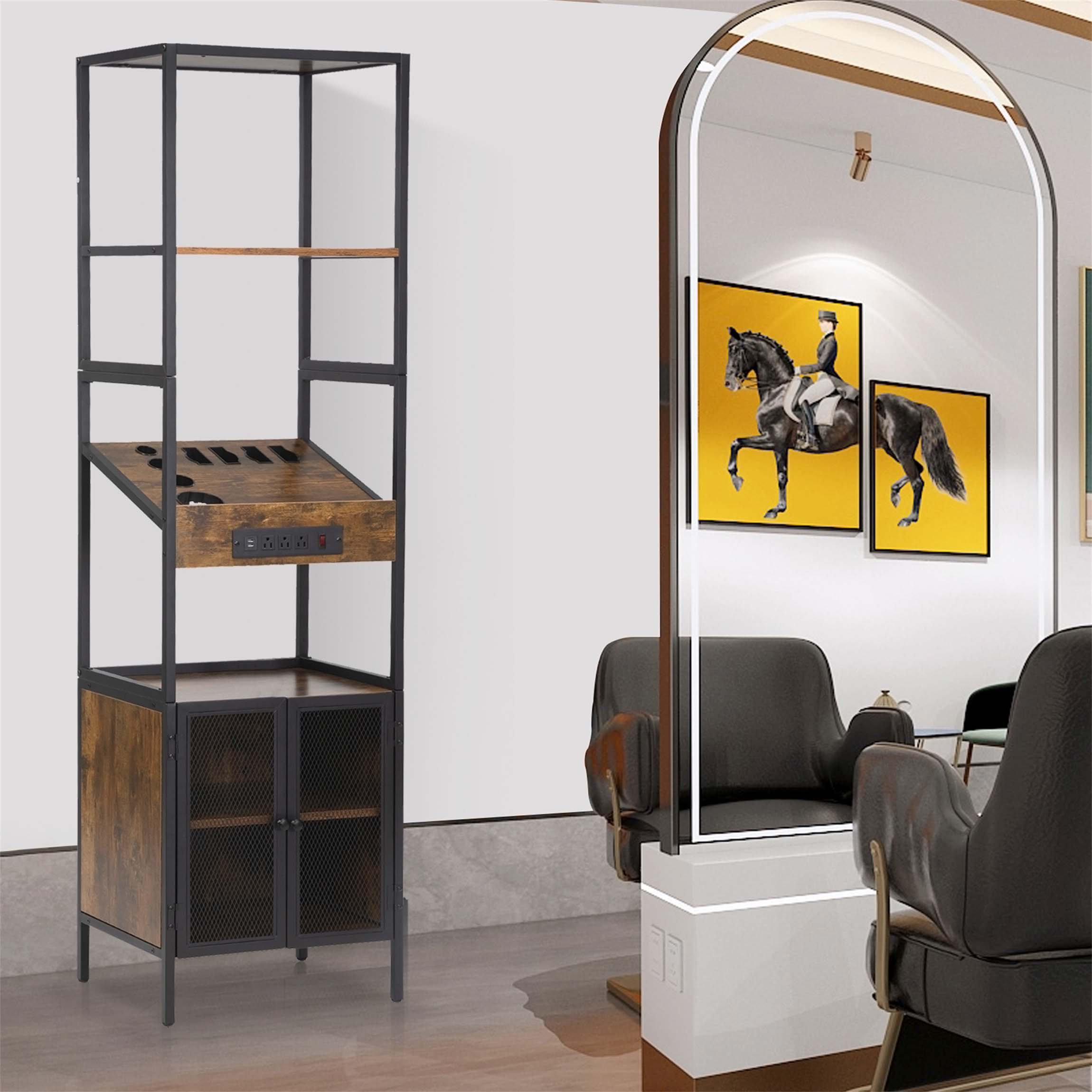 17 Stories Salon Storage Cabinet with Open Shelves and Hair Dryer ...