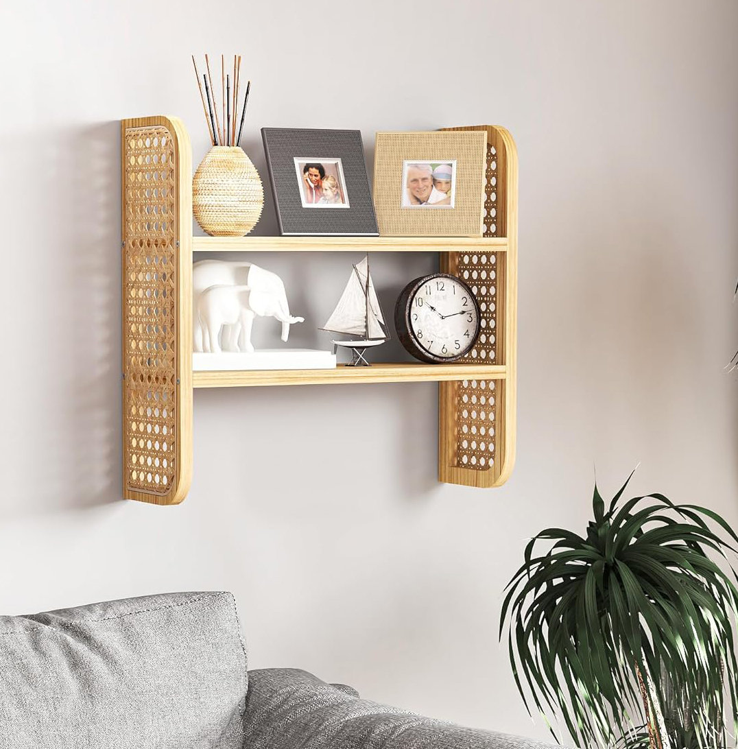 Bayou Breeze Handmade Woven Rattan Display Shelf 2-Tier Natural Rattan ...