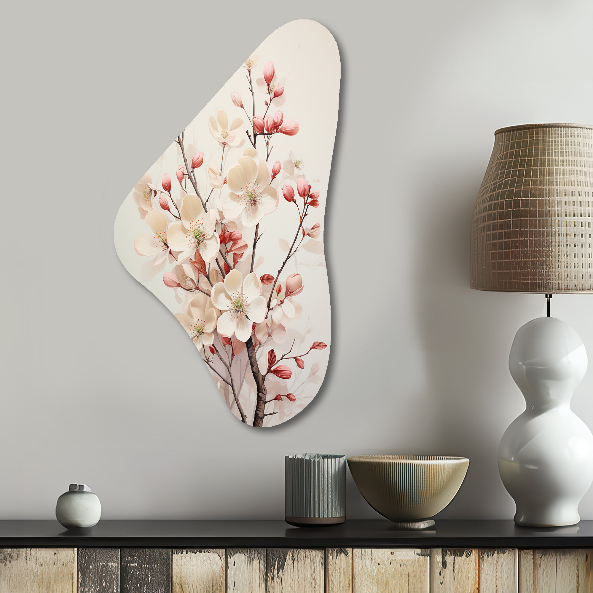 Design Art White Dogwood Blossom Harmony III - Dogwood Boomerang Shape Asymmetric Metal Wall Art ...