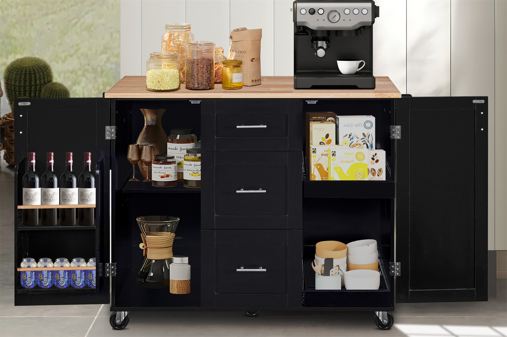 Lark Manor™ Burnetta Rolling Kitchen Island with Solid Wood Top | Wayfair
