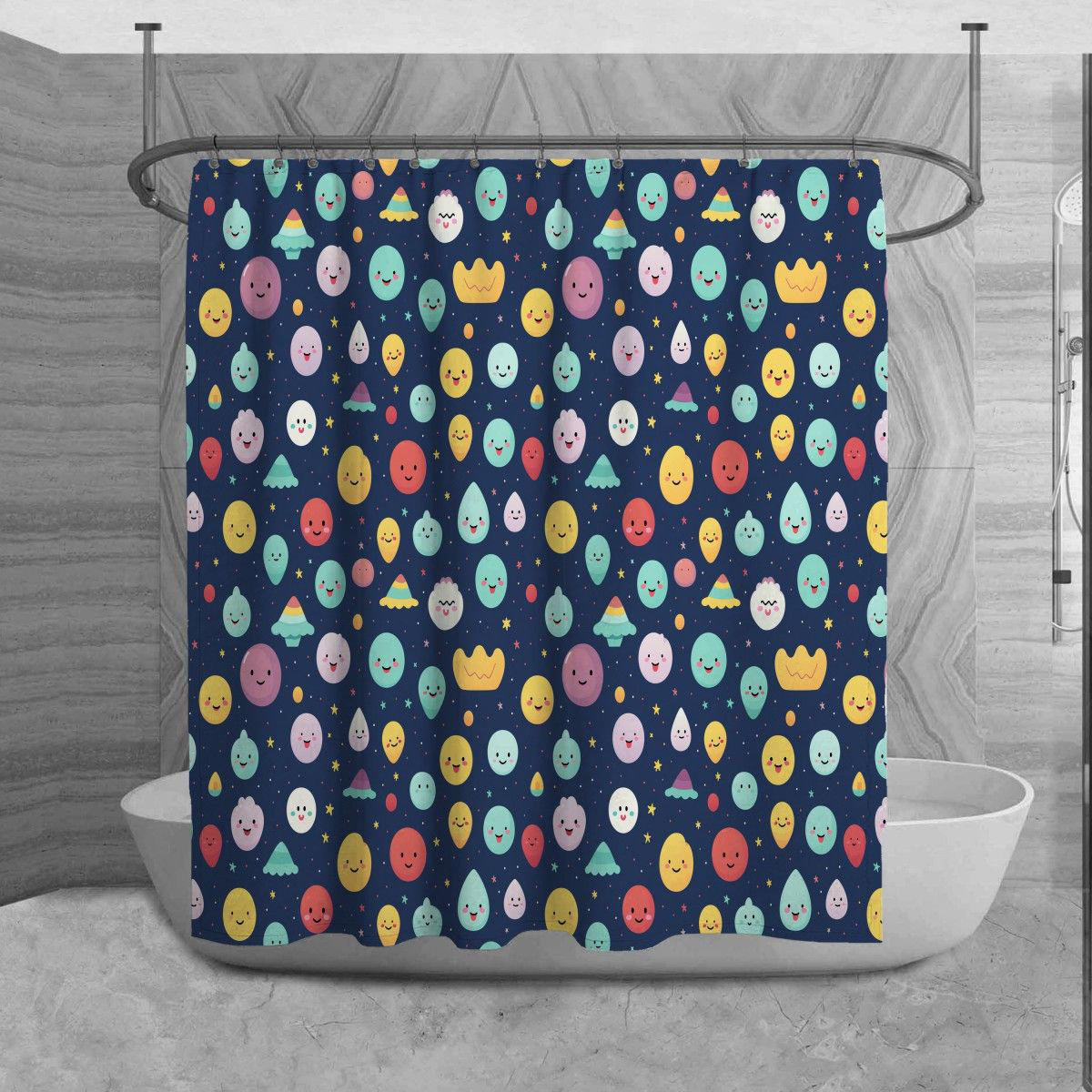 East Urban Home Emoji Shower Curtain Smiley Bath Mat Blue Bathroom ...