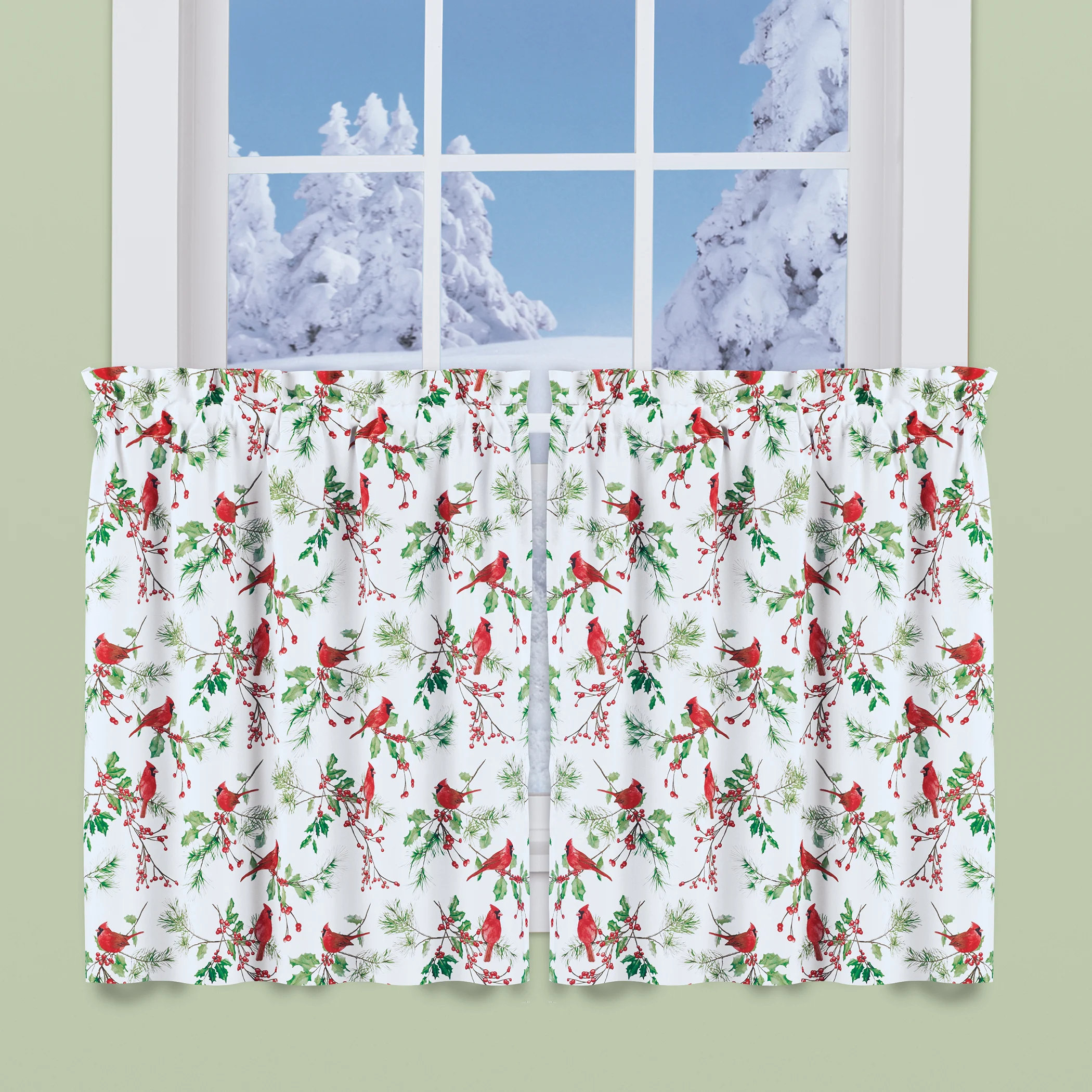 The Holiday Aisle® Festive Cardinal Holly Printed Kitchen Café Curtains ...