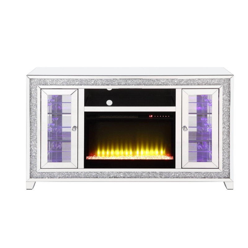 DELTA FURNITURE TV STAND W/FIREPLACE & LED Mirrored & Faux Diamonds ...