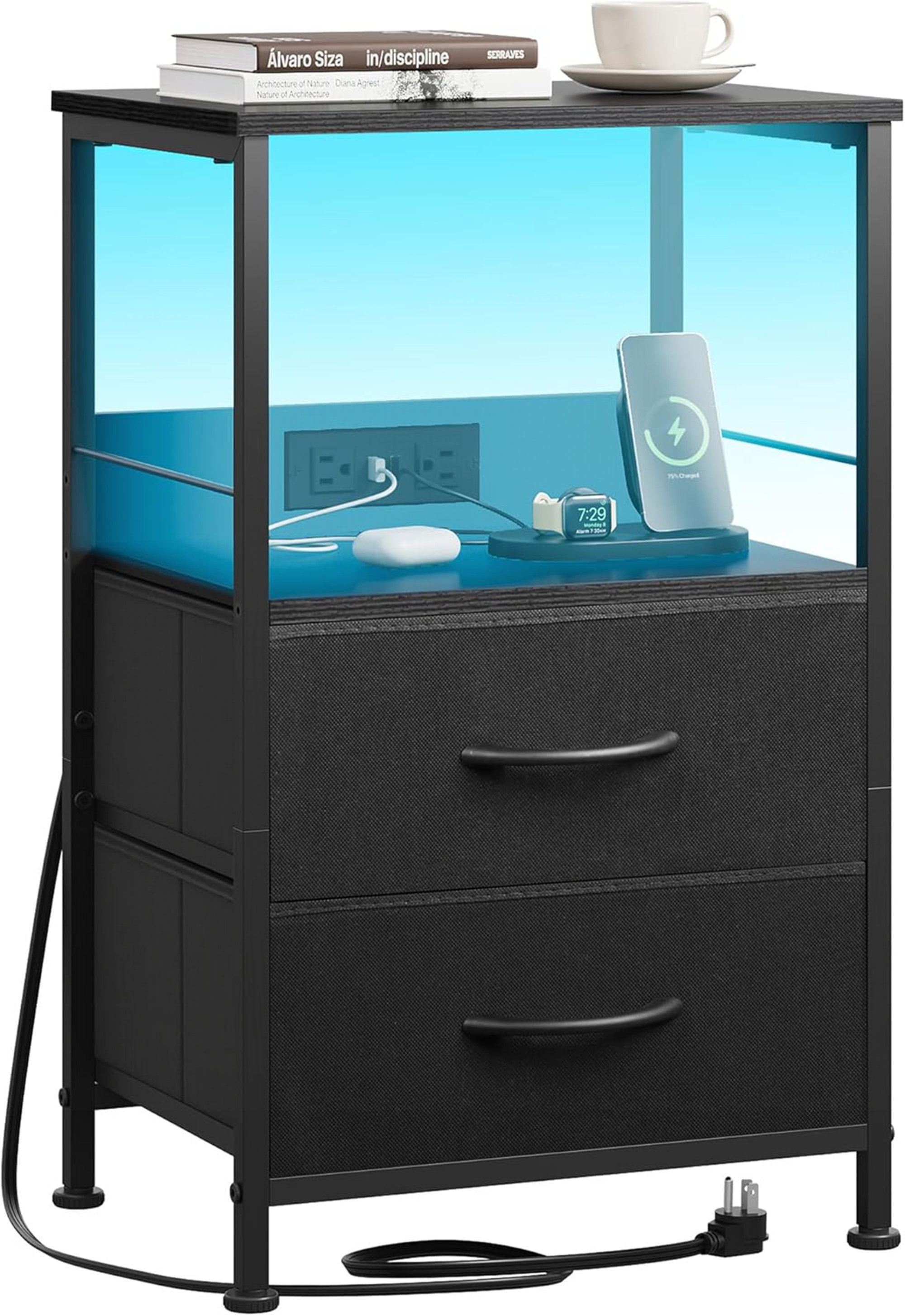 Ebern Designs Black LED Night Stand With Charging Station - 2 USB Ports ...