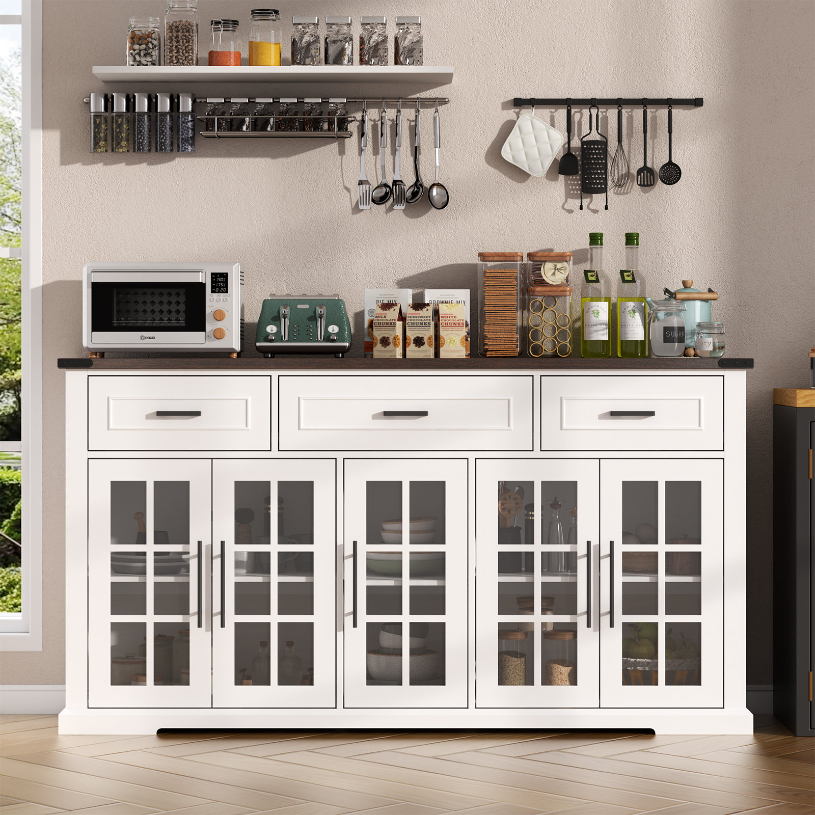 Winston Porter 63" Large Buffet Sideboard Cabinet With 3 Drawers ...