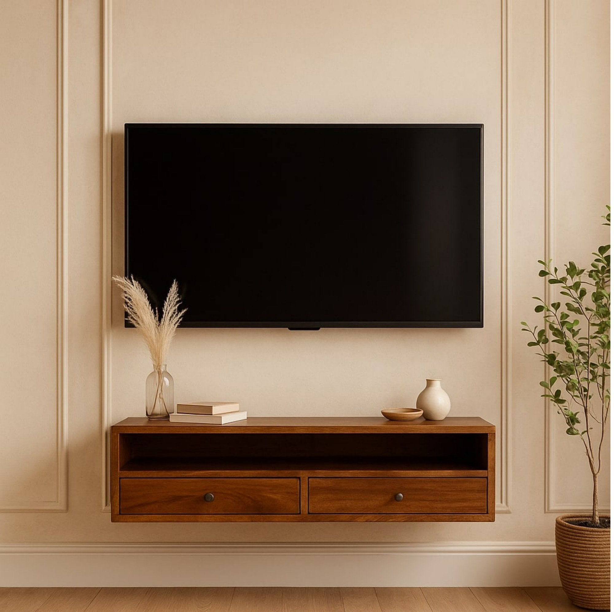 Gracie Oaks Toro Handcrafted Solid Mango Wood Wall Mounted Media Unit ...