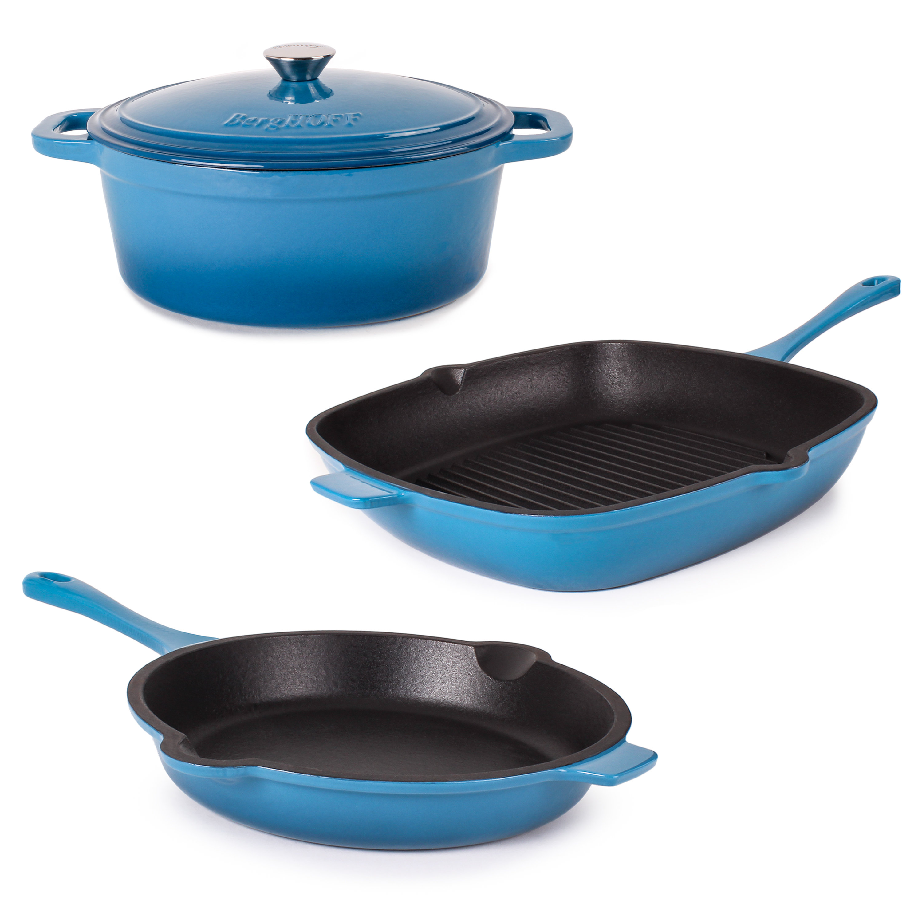 BergHOFF Neo 4 Pc Cast Iron Cookware Set with Fry Pan, Grill Pan, and ...