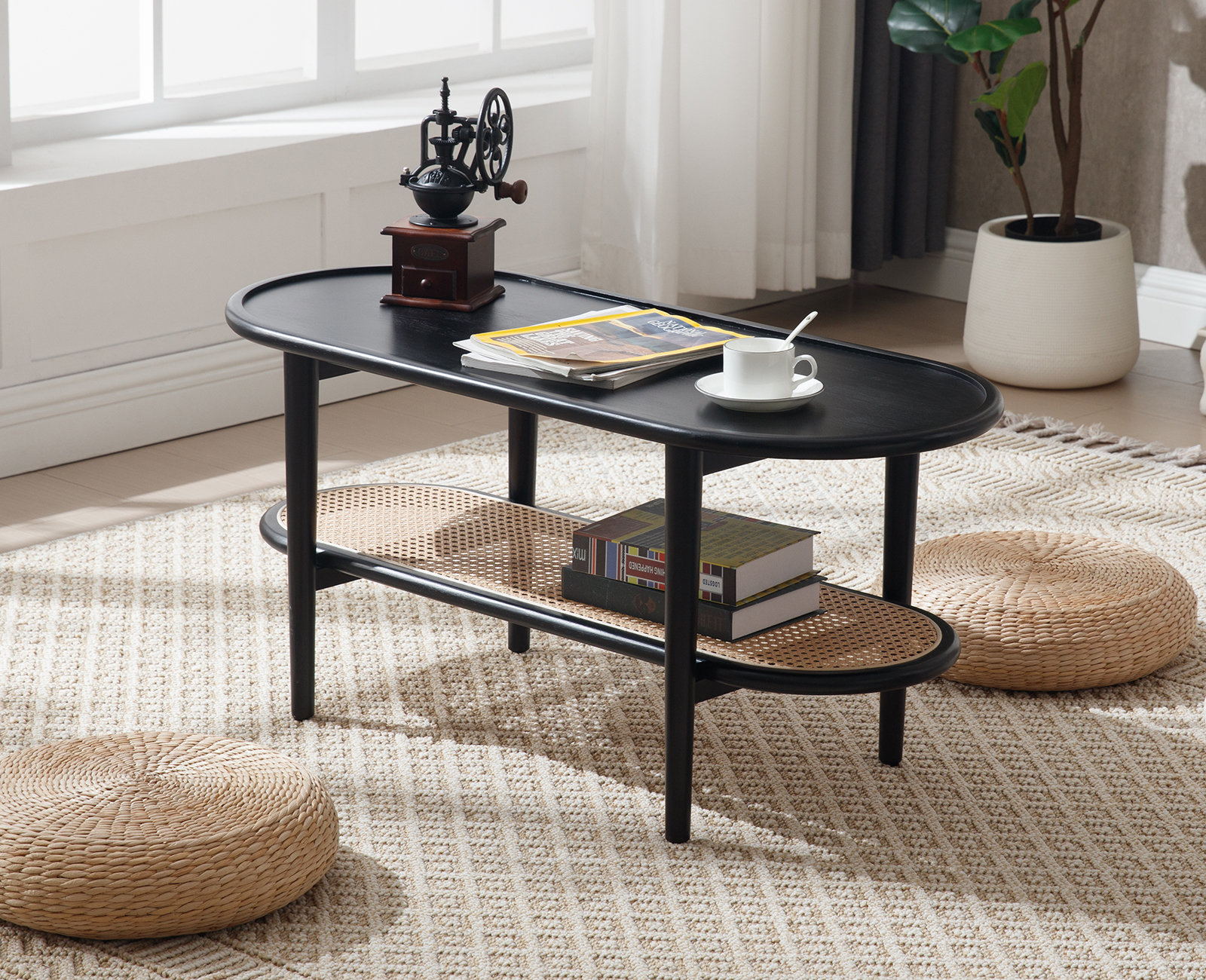 Bay Isle Home™ Oval Two-Tier Coffee Table With Open Two-Tier Storage And Solid Wood Legs, Bottom ...