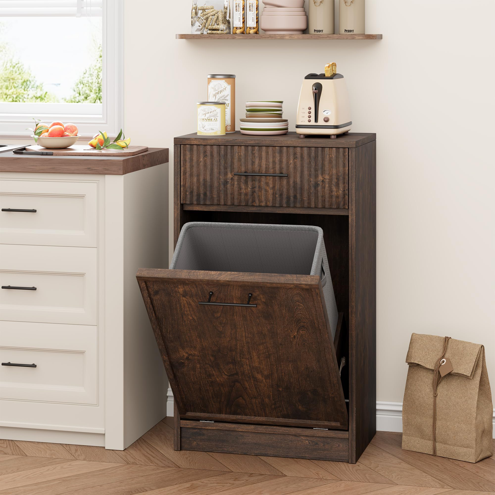 Yuan Home Fluted Trash Cabinet Tilt Out, Hidden Trash Can Cabinet With ...