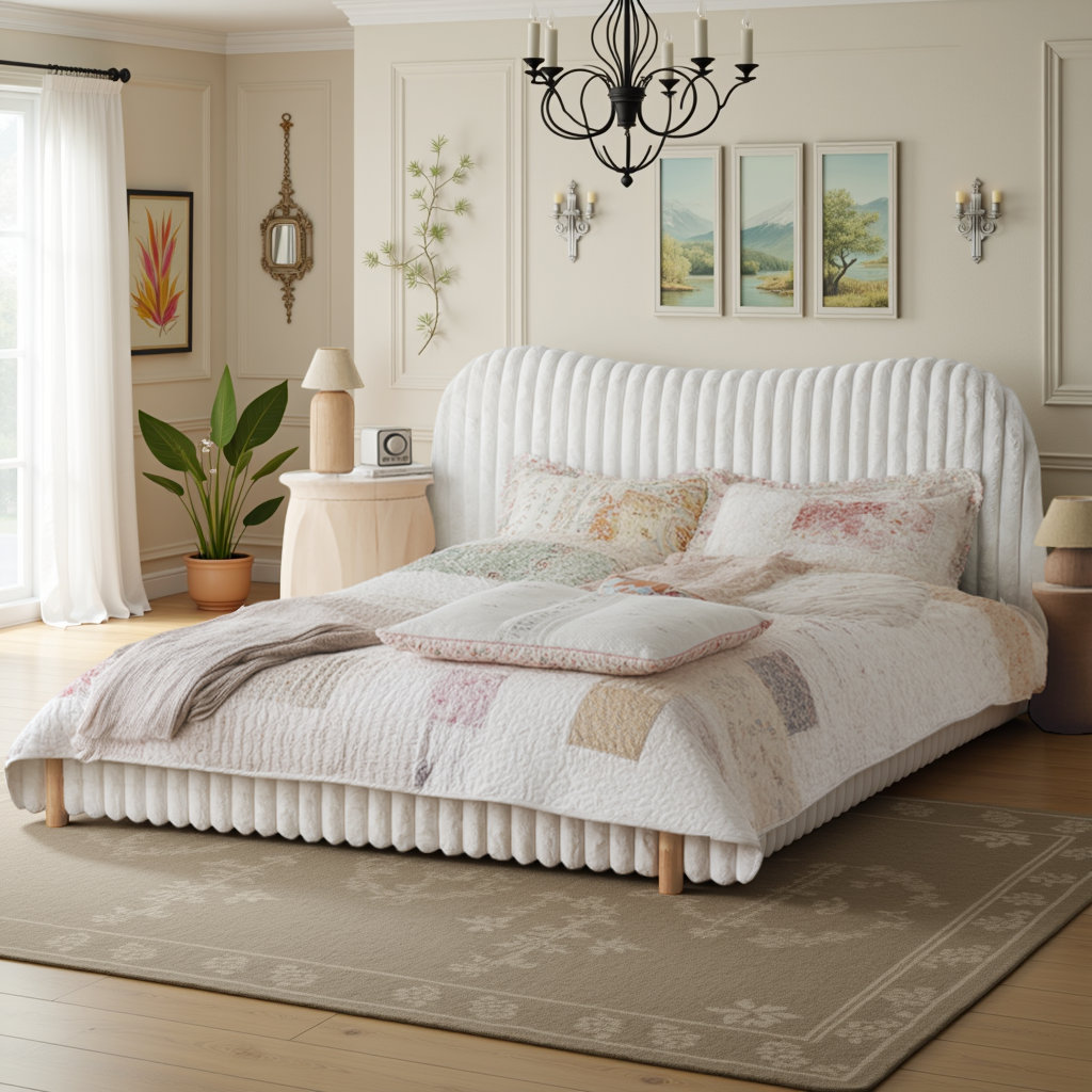 Ivy Bronx Queen Size White Boucle Upholstered Platform Bed, Wavy ...