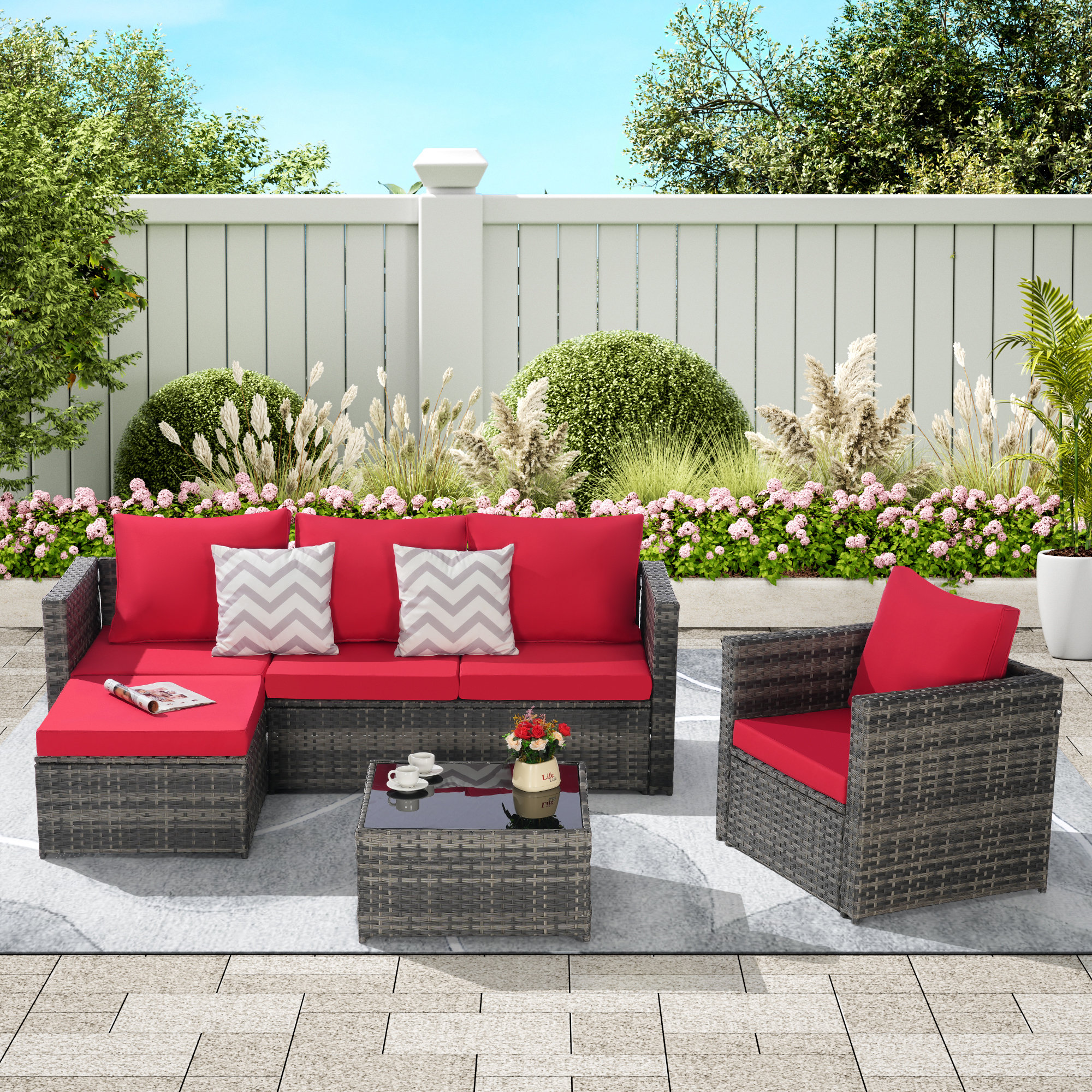 Latitude Run® -piece Outdoor Patio Furniture Set, Wicker L-shaped ...