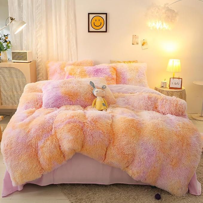 DANTUL 3 Pcs Fluffy Full Size Bedding Sets, Faux Fur Tie Dye Teen Girl ...