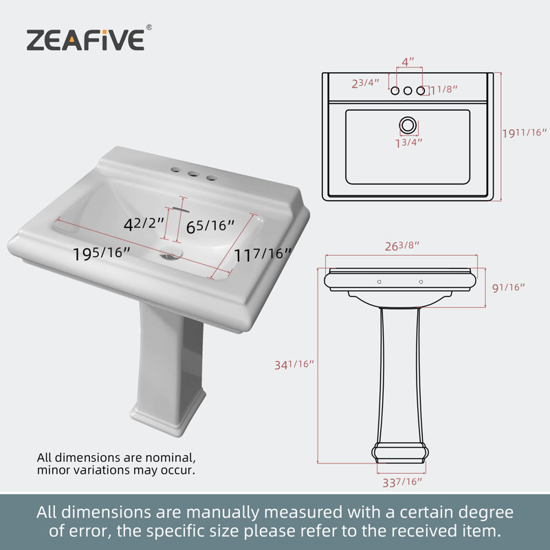 ZEAFIVE Pedestal Bathroom Sinks 34.37'' Tall Ceramic Rectangular ...
