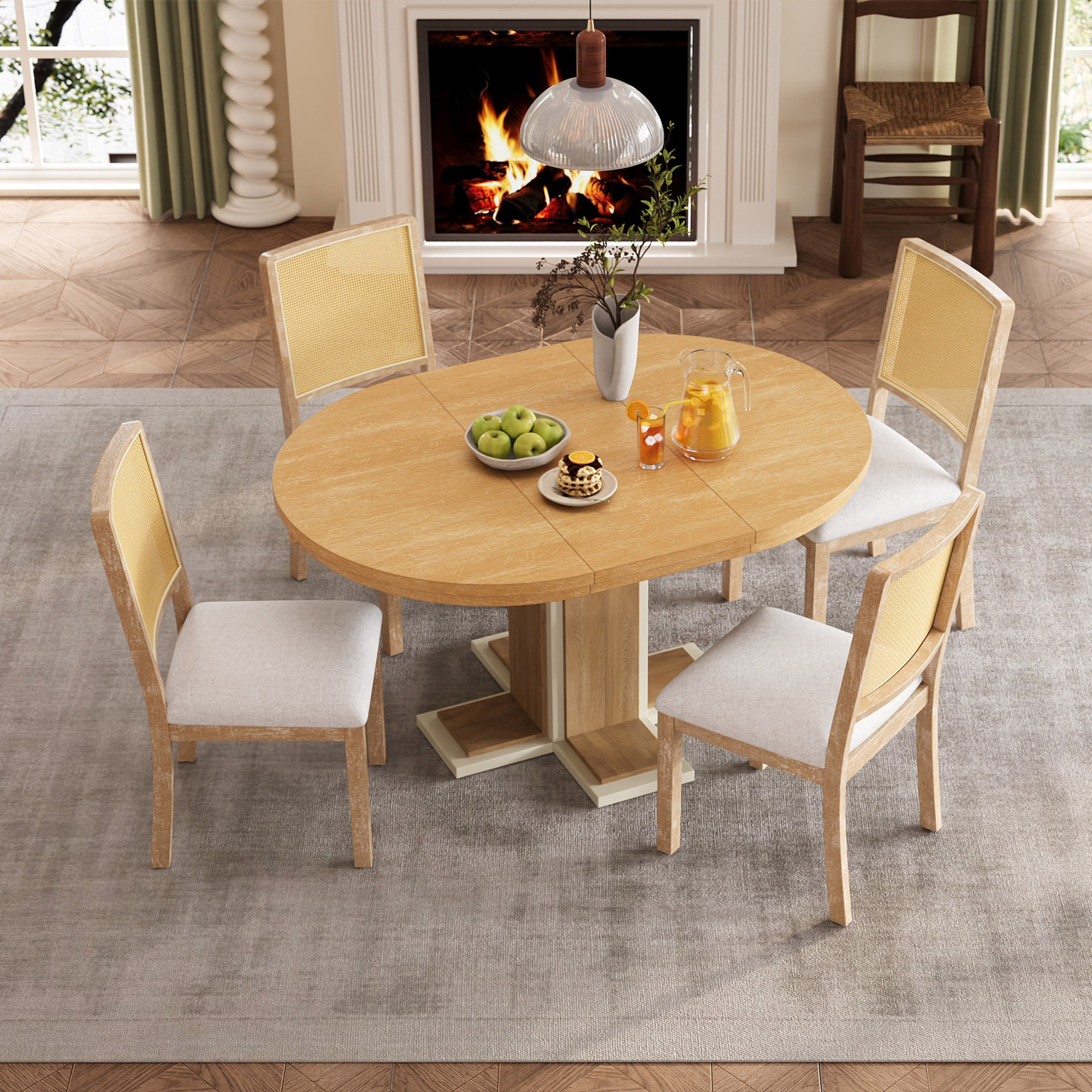 Lark Manor Round Dining Table For 4 With Chairs Set, Extendable Dining ...