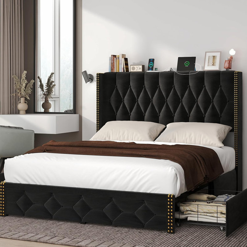 House of Hampton® Upholstered Platform Beds Velvet Tufted Bed Frame ...